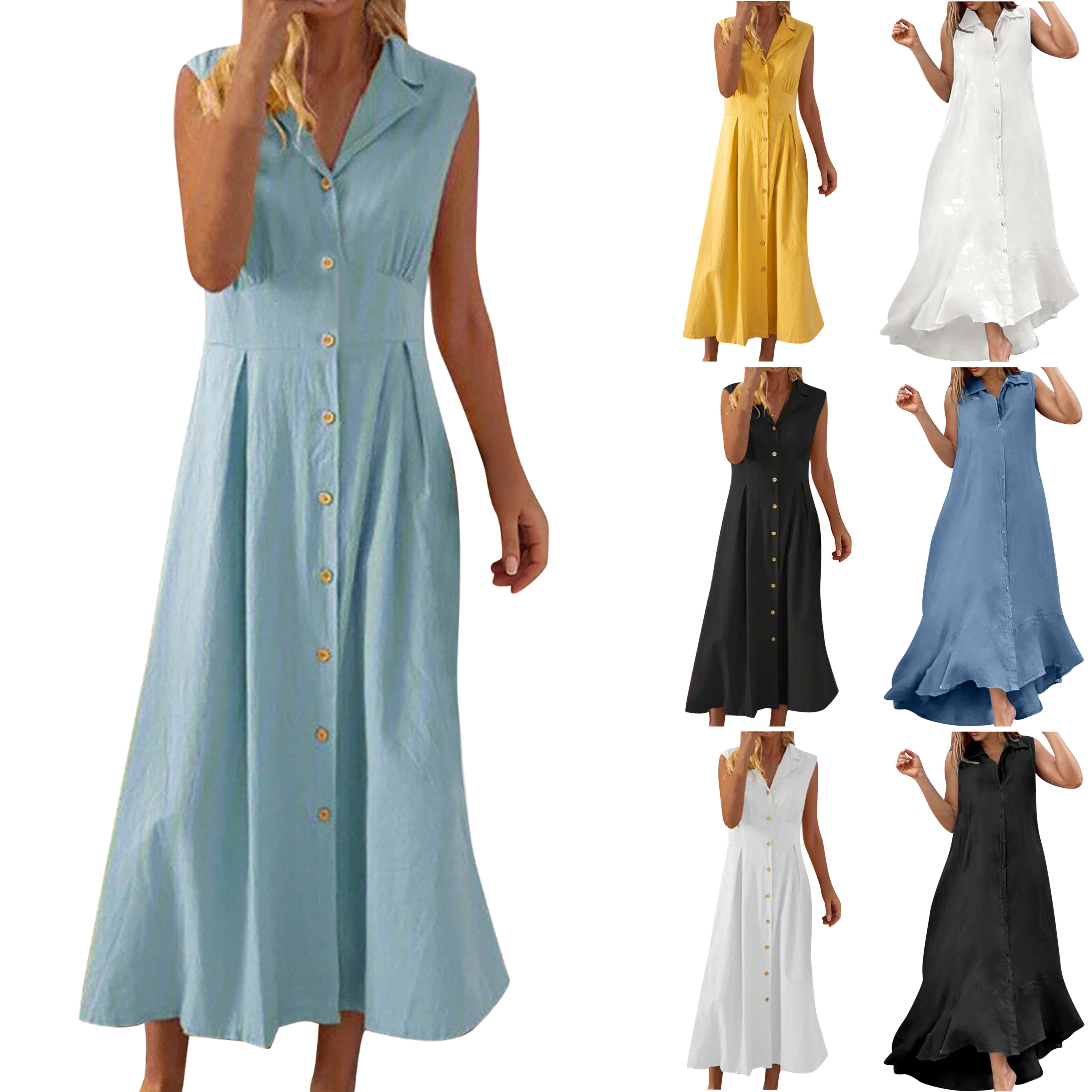 Feancey Women Cotton Linen Tunic Dress Sleeveless Lapel Button Down ...