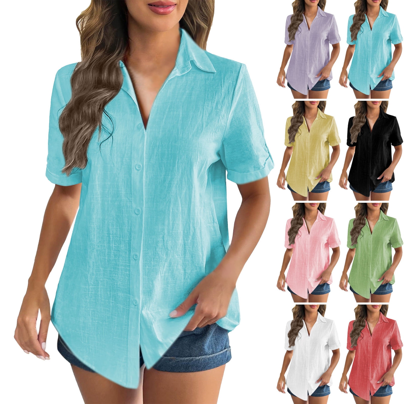 Feancey Women Linen Button Down Shirt Rolled Cuffed Short Sleeve Blouse Ladies Summer Casual ...