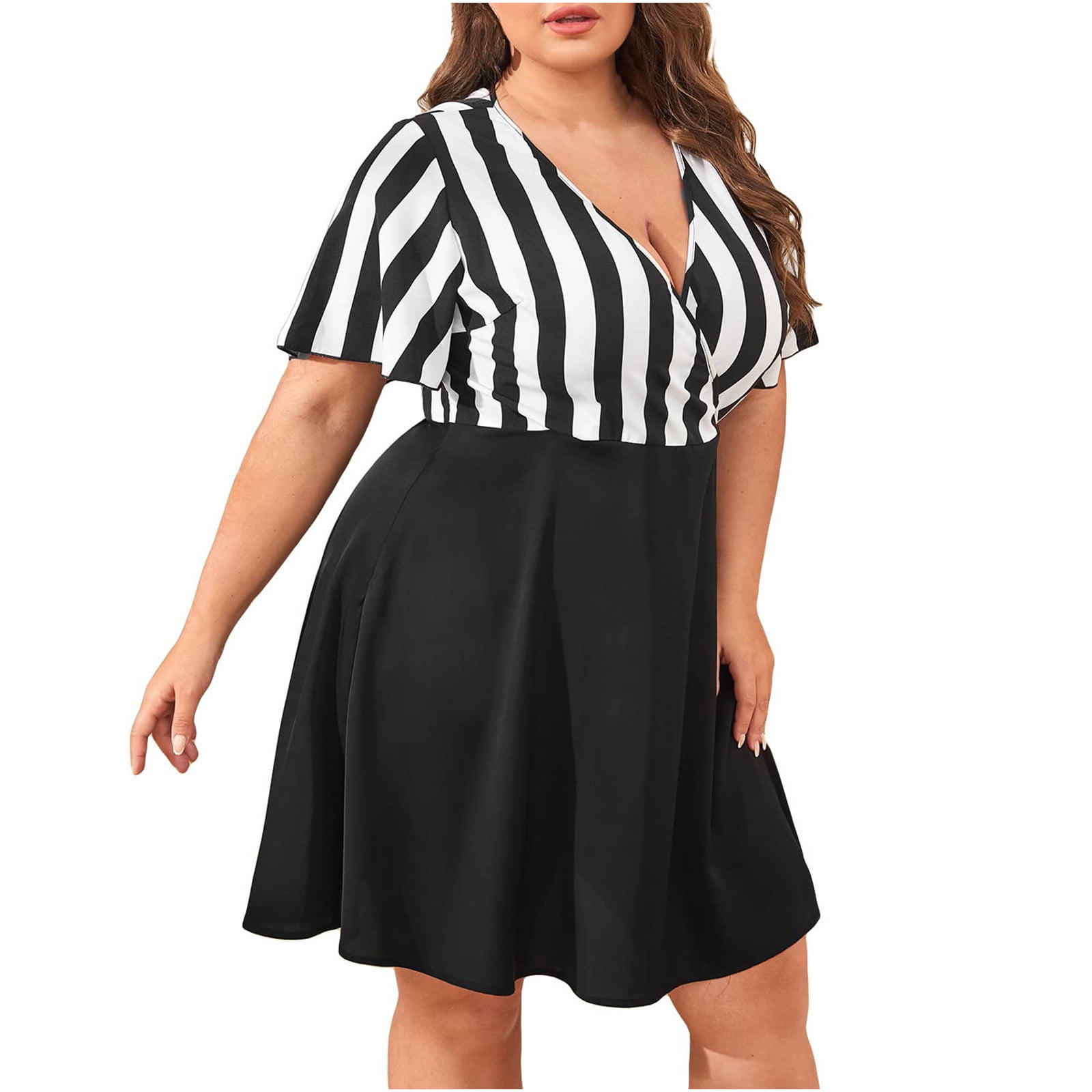 Feancey Women Sexy Plus Size Dress,striped Print Dress For Women Wrap V
