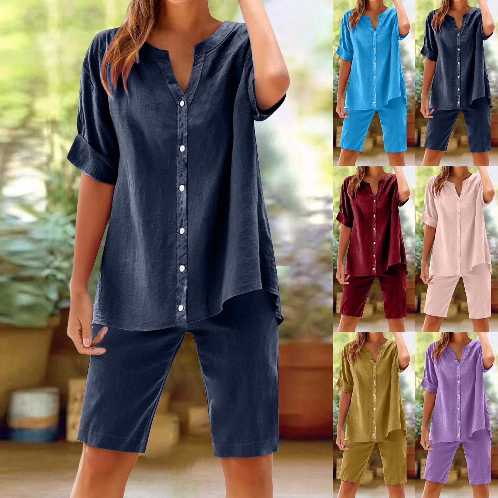 Feancey Women's 2 Piece Linen Sets Summer Vacation Outfits Short Sleeve ...