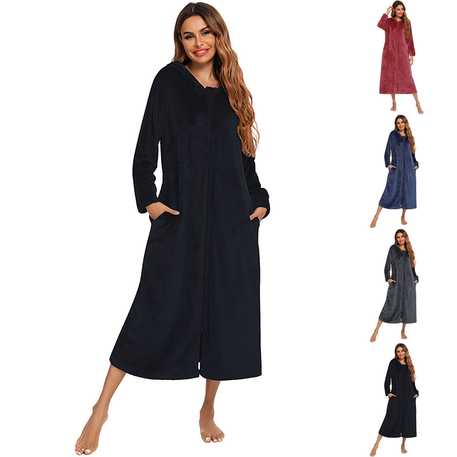 Feancey Women's Bathrobe with Zipper Comfy Fleece Hooded Nightgowns ...