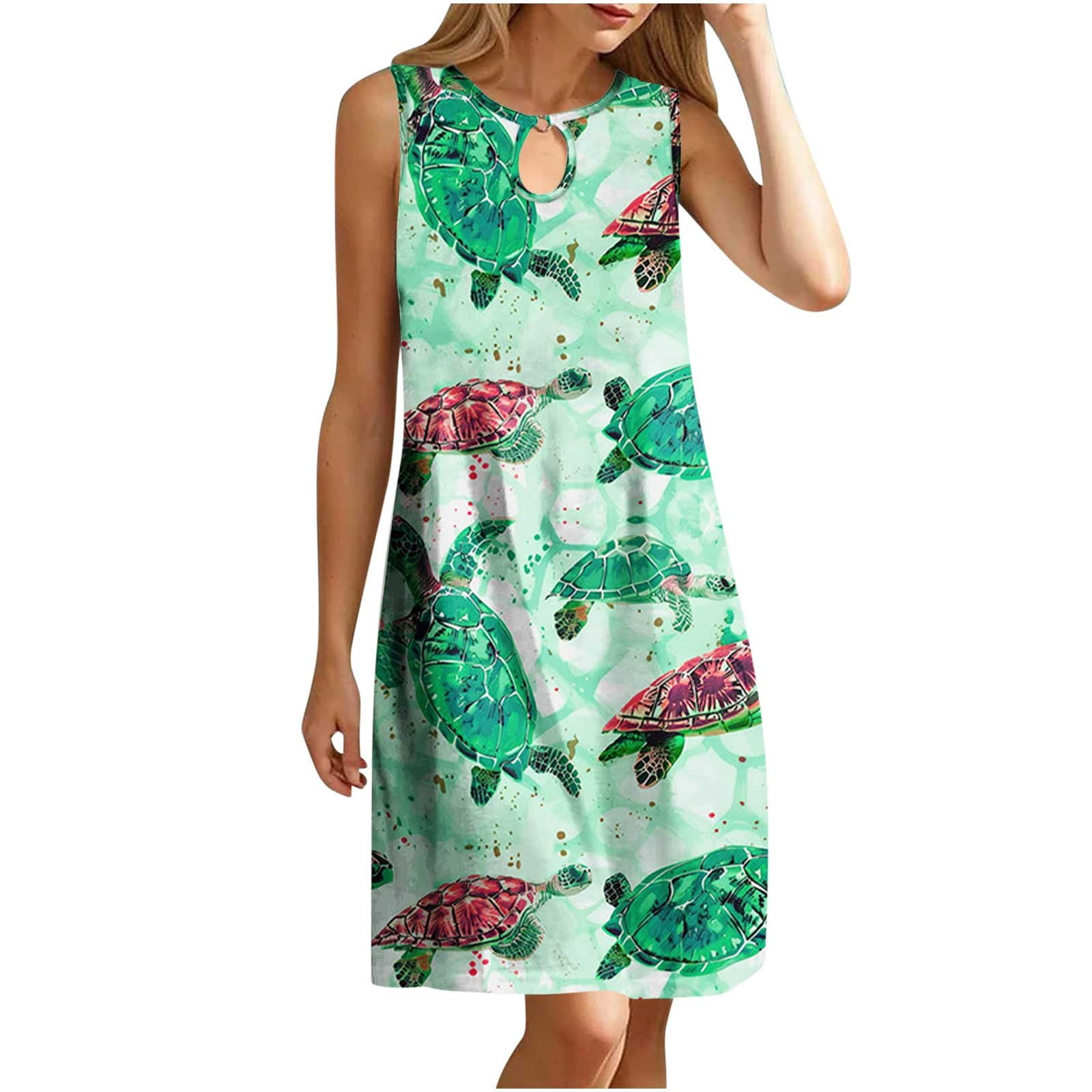 Feancey Women's Beach Cover Up Dress Sea Turtle Print Sleeveless Mini ...