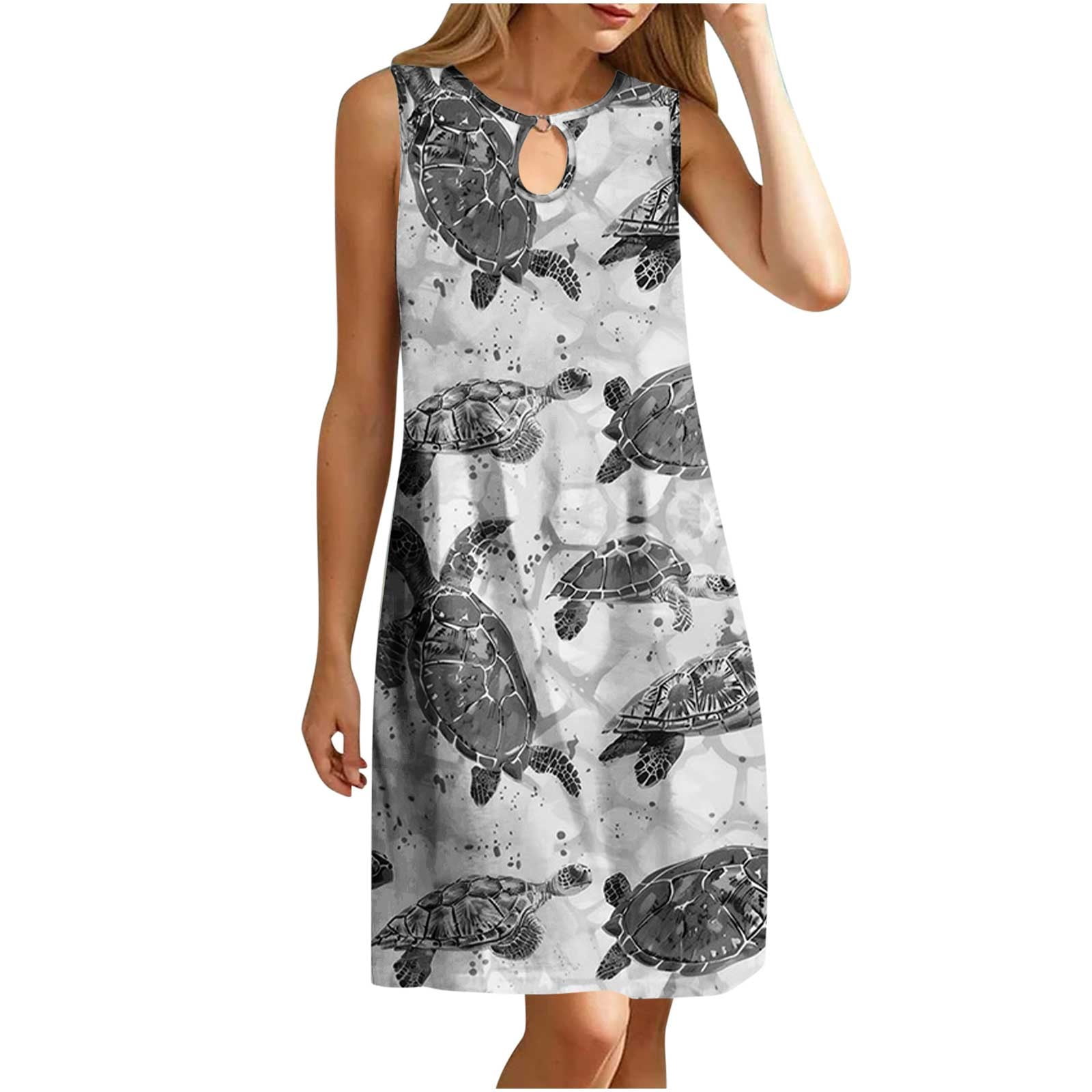 Feancey Women's Beach Cover Up Dress Sea Turtle Print Sleeveless Mini ...