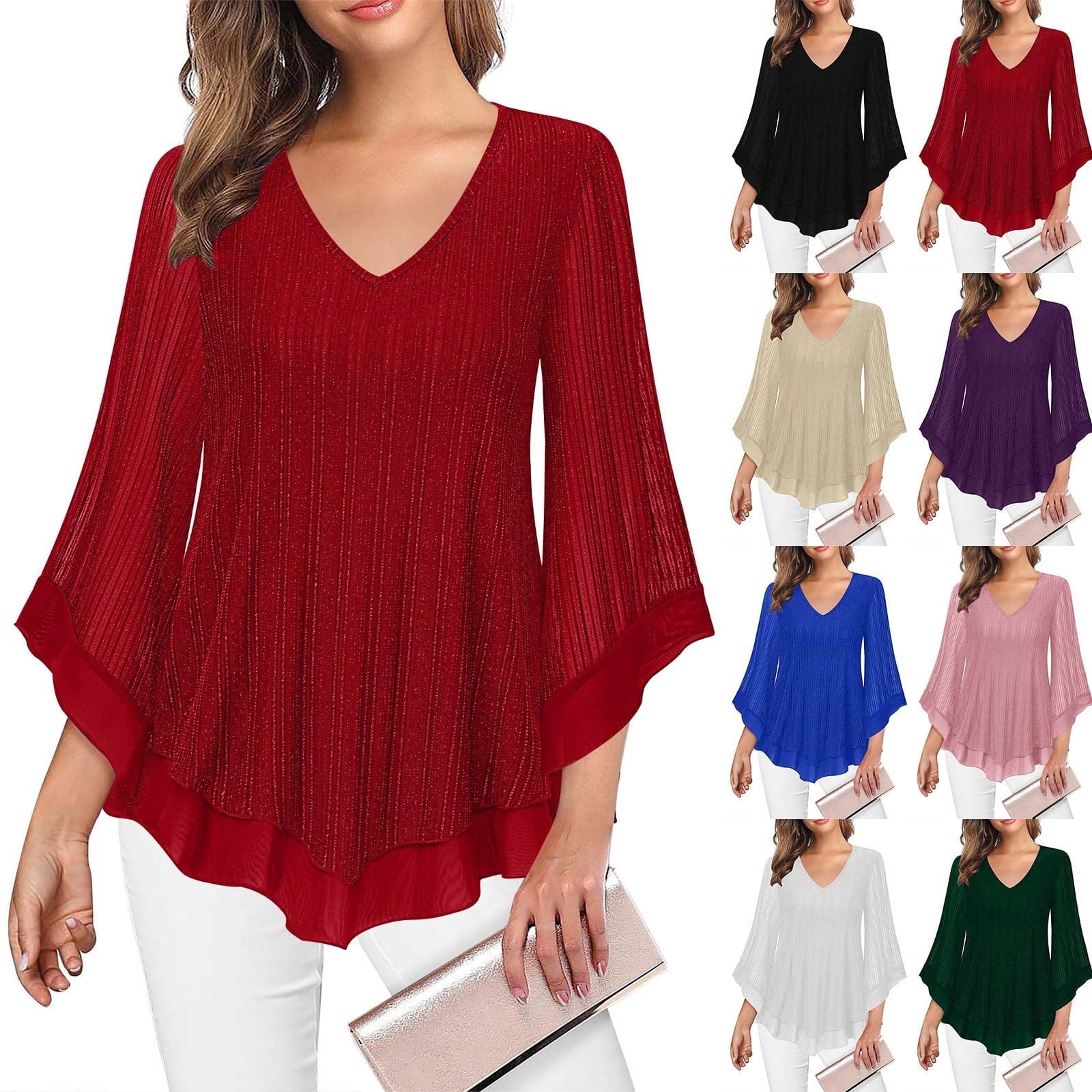 Feancey Women's Dressy Sparkly Tops Ruffle 3/4 Sleeve V Neck Work ...