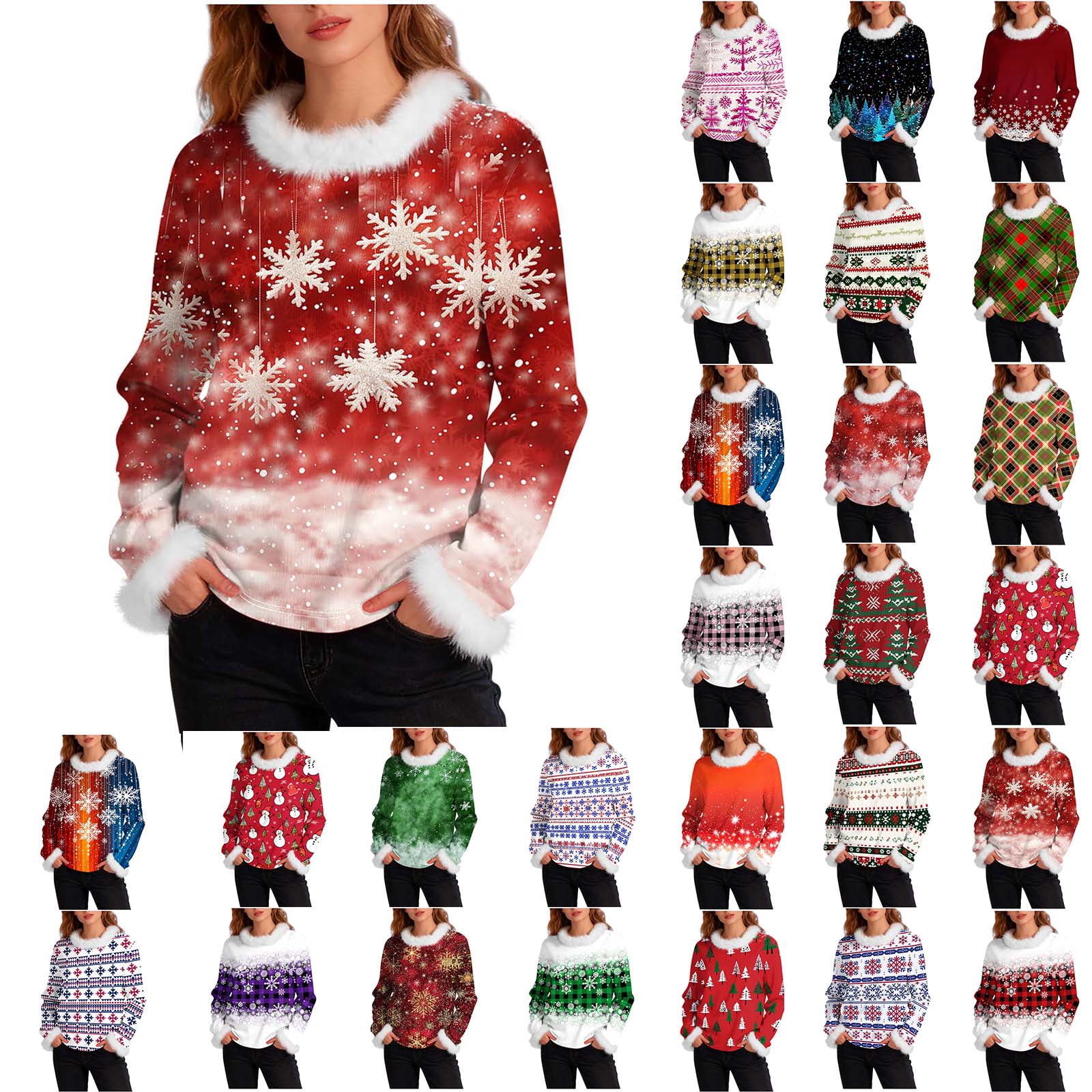 Feancey Women's Faux Fur Trim Christmas Sweaters Xmas Snowflake Print ...