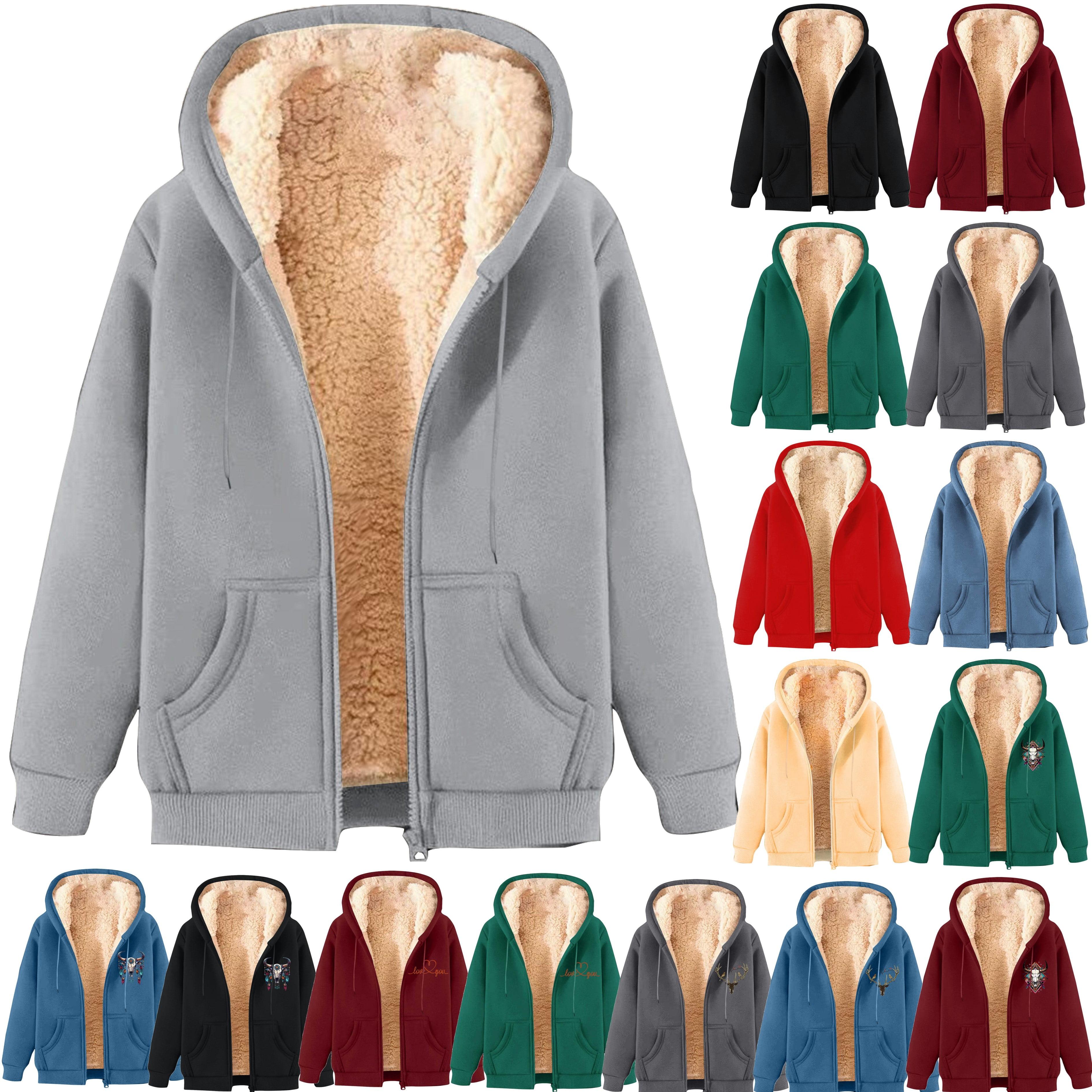 Feancey Women's Fleece Lined Jackets Winter Hooded Coats 2025 Fashion Full Zip Hoodies Comfy ...