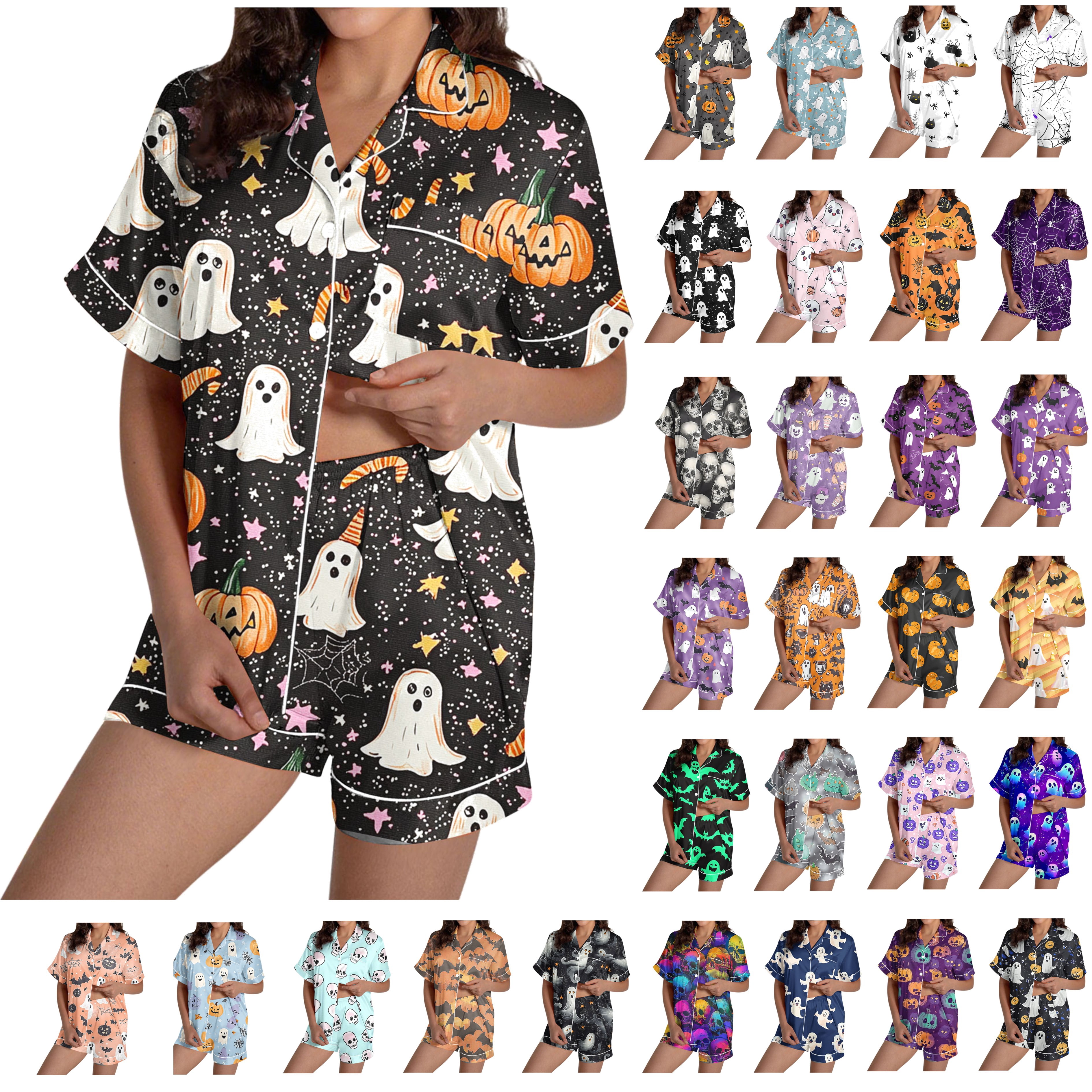 Feancey Women's Halloween Pj Set Short Sleeve Button Down Sleepwear ...