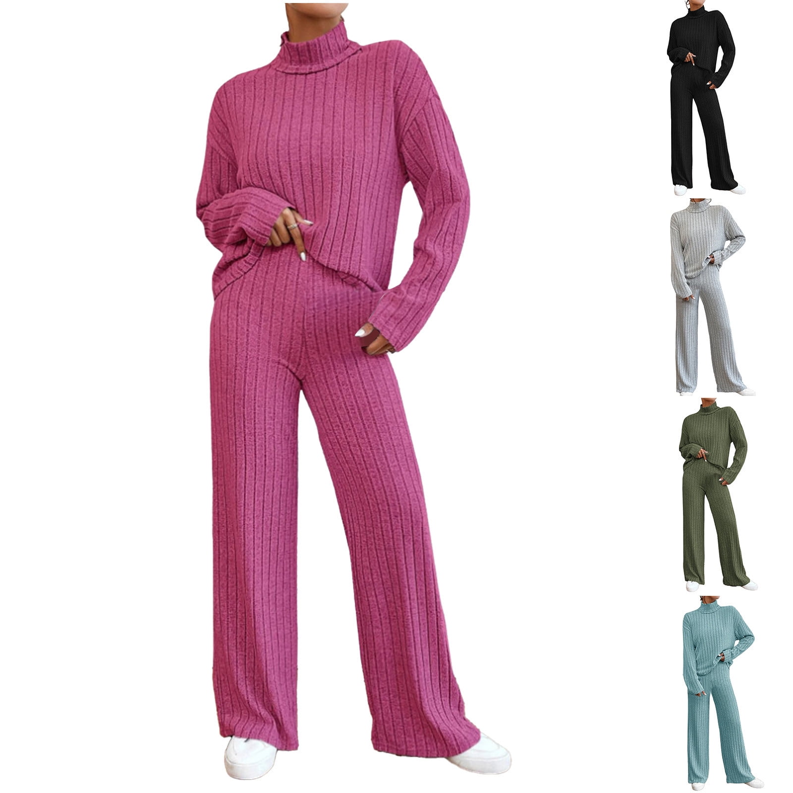 Feancey Women's Knit 2 Piece Set Fall Turtleneck Sweater Top and Wide ...