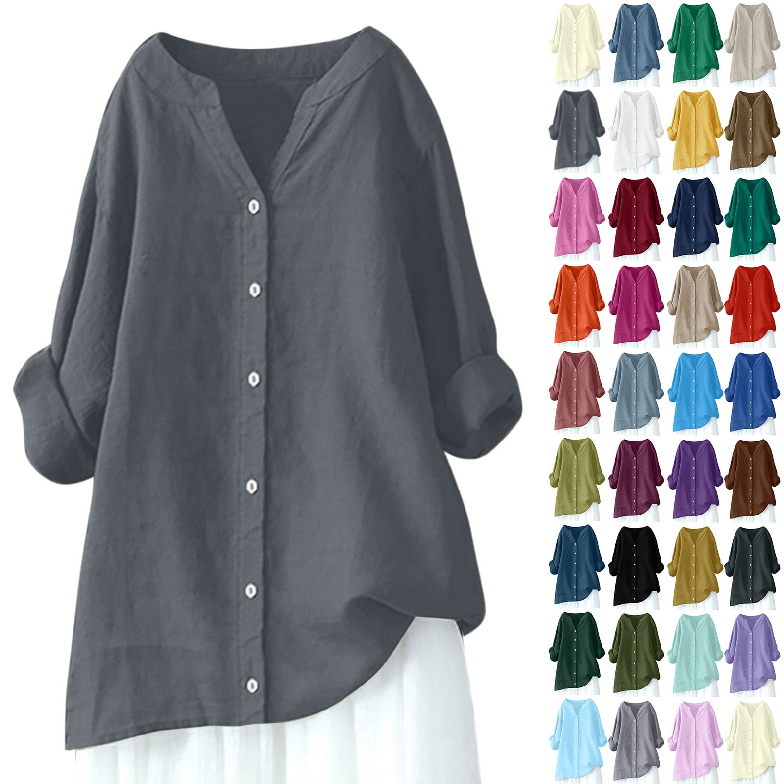 Feancey Women's Linen Button Down Shirts Long Sleeve V Neck Blouses ...