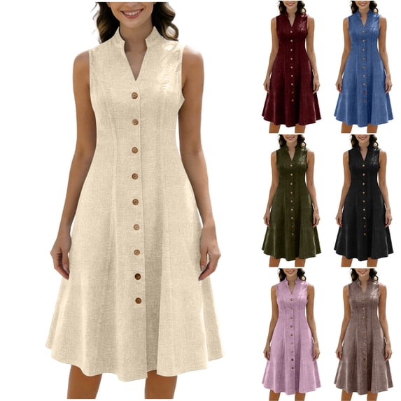 Feancey Women's Linen Shirt Dress Sleeveless V Neck Button Down Midi ...