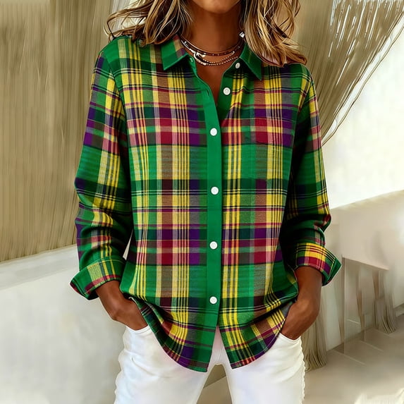 Feancey Women's Oversized Plaid Shirts Long Sleeve Baggy Blouses Lapel ...