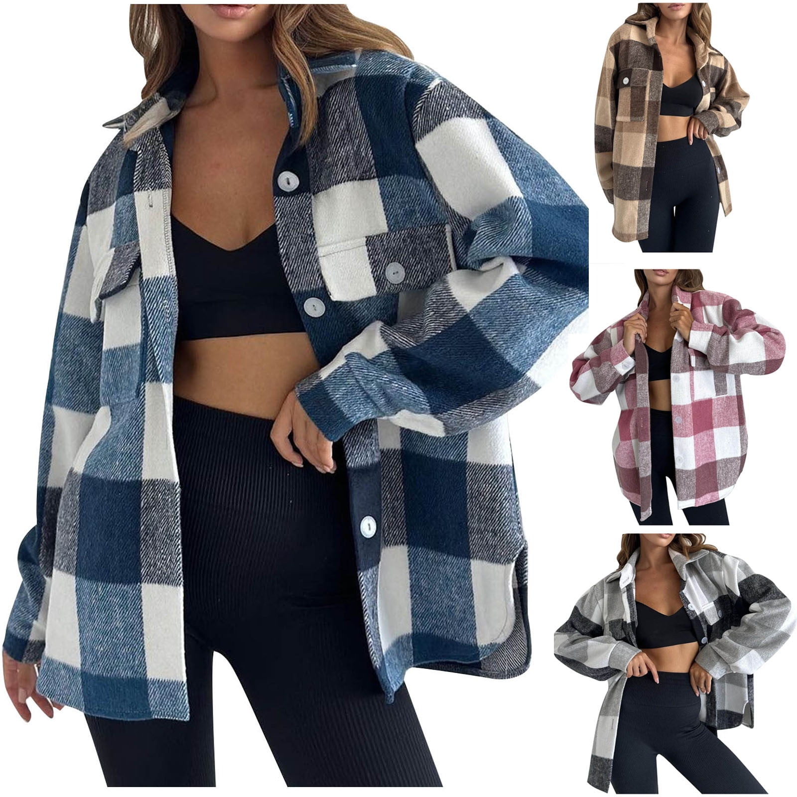 Feancey Women's Plaid Shirt Jacket Oversized Long Sleeve Button Down ...