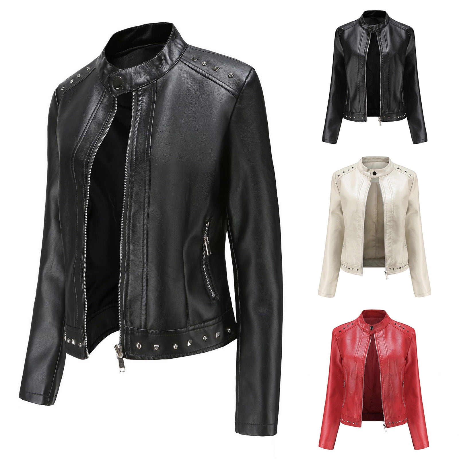 Feancey Women's Plus Size Leather Jacket Fashion Cropped PU Moto Coats ...