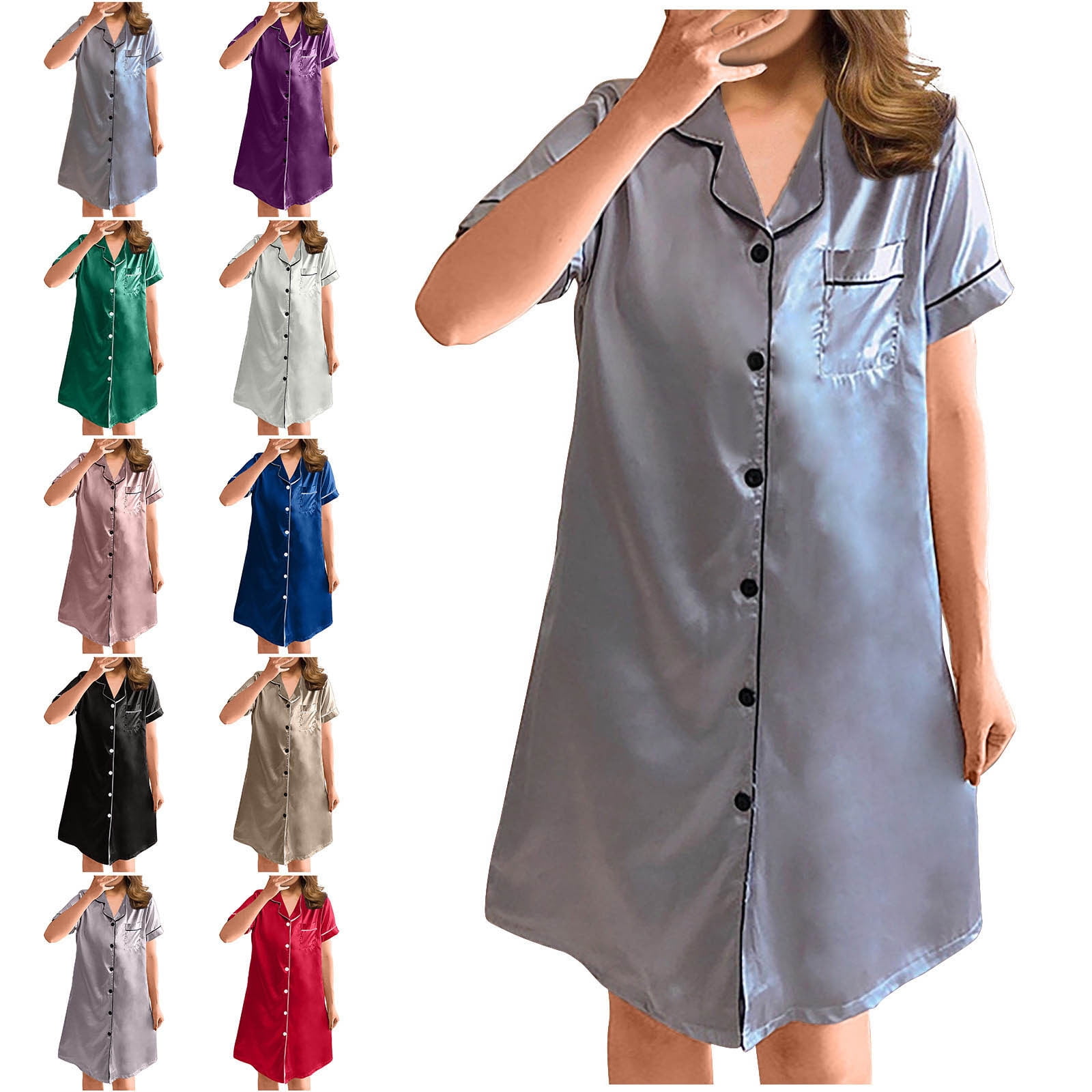 Feancey Women's Satin Nightshirt 2025 Casual Button Down Lapel Sleep ...