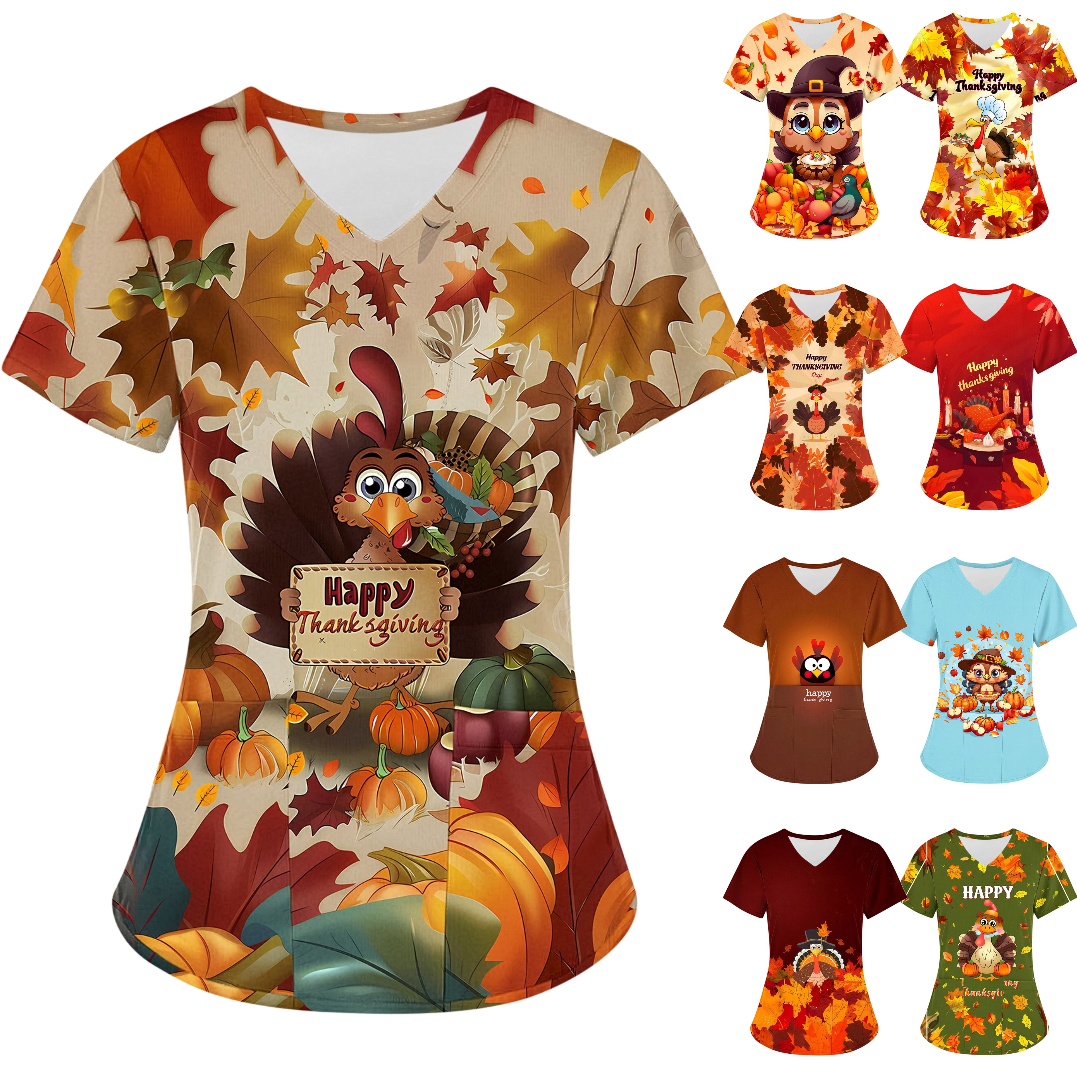 Feancey Women's Scrubs Tops Thanksgiving Turkey Print Nursing Scrubs ...