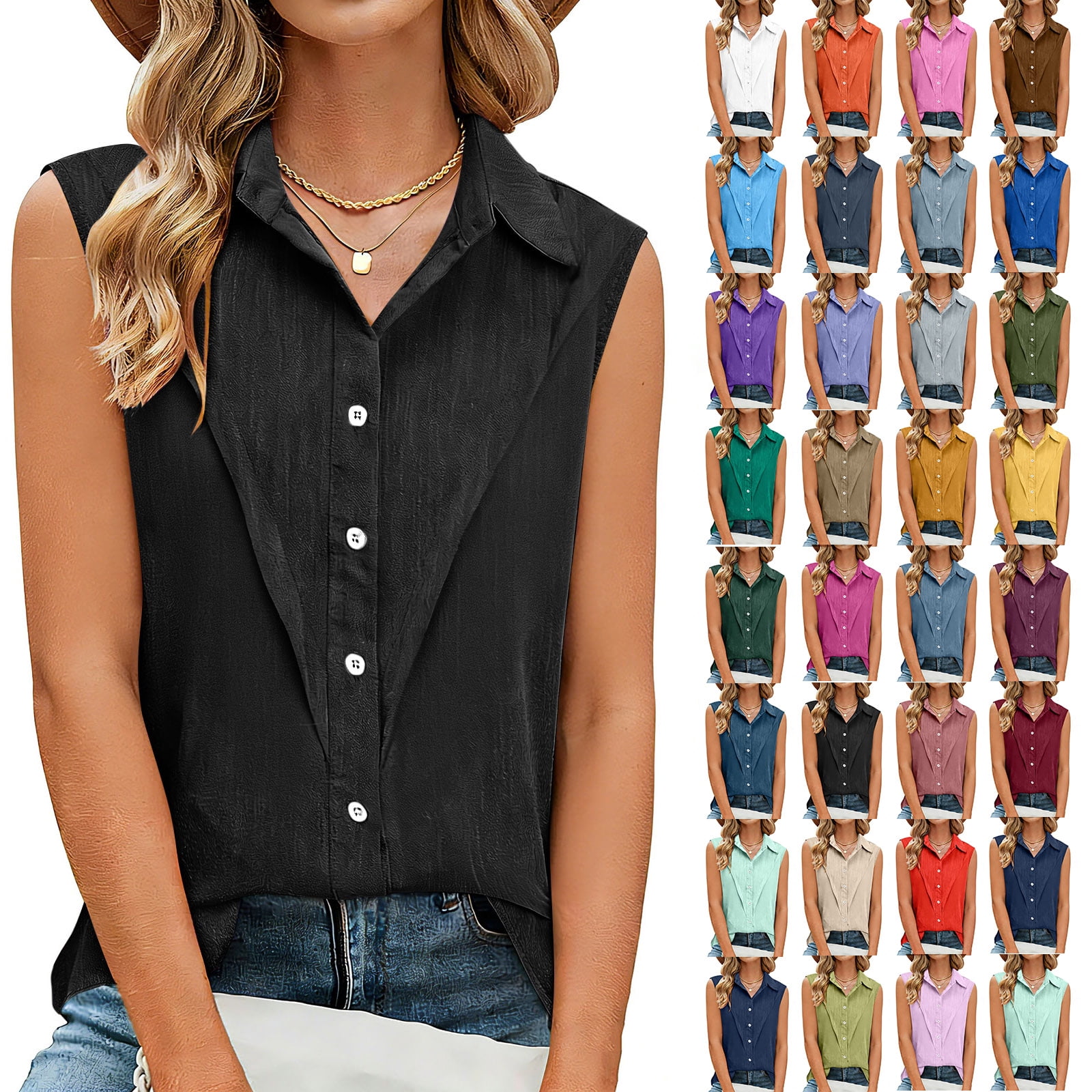 Feancey Women's Sleeveless Button Down Shirts Lapel Collared Casual ...