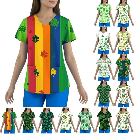 Feancey Women's St. Patrick's Day Scrub Tops Lucky Clover Printed ...