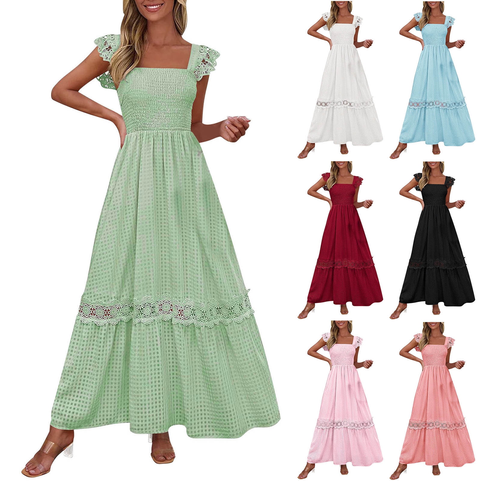 Feancey Women's Summer Maxi Dresses 2025 Ruffle Sleeve Smocked Square Neck A-Line Dress Lace ...