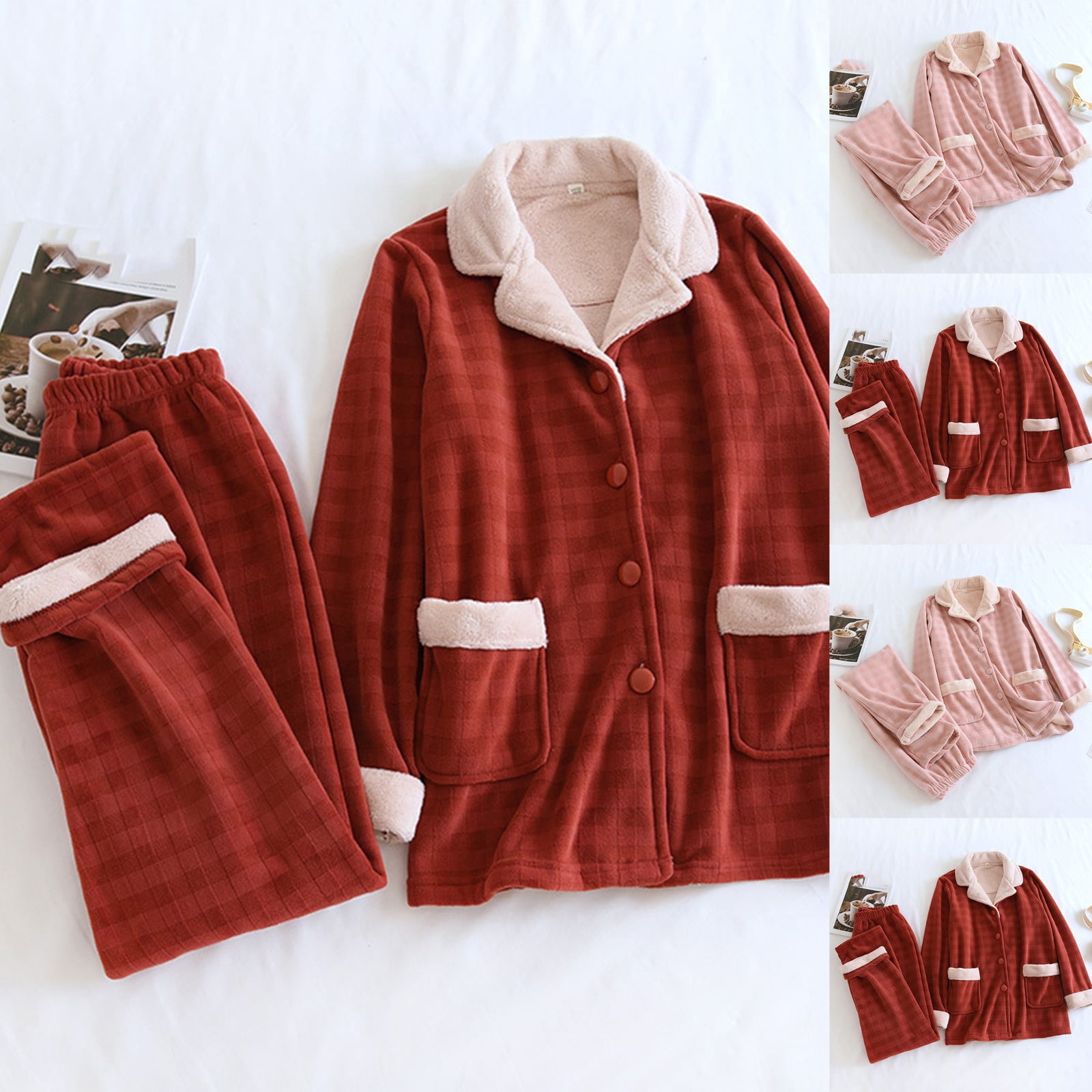 Feancey Women's Winter Fleece Pajama Sets 2024 Casual Button Down ...