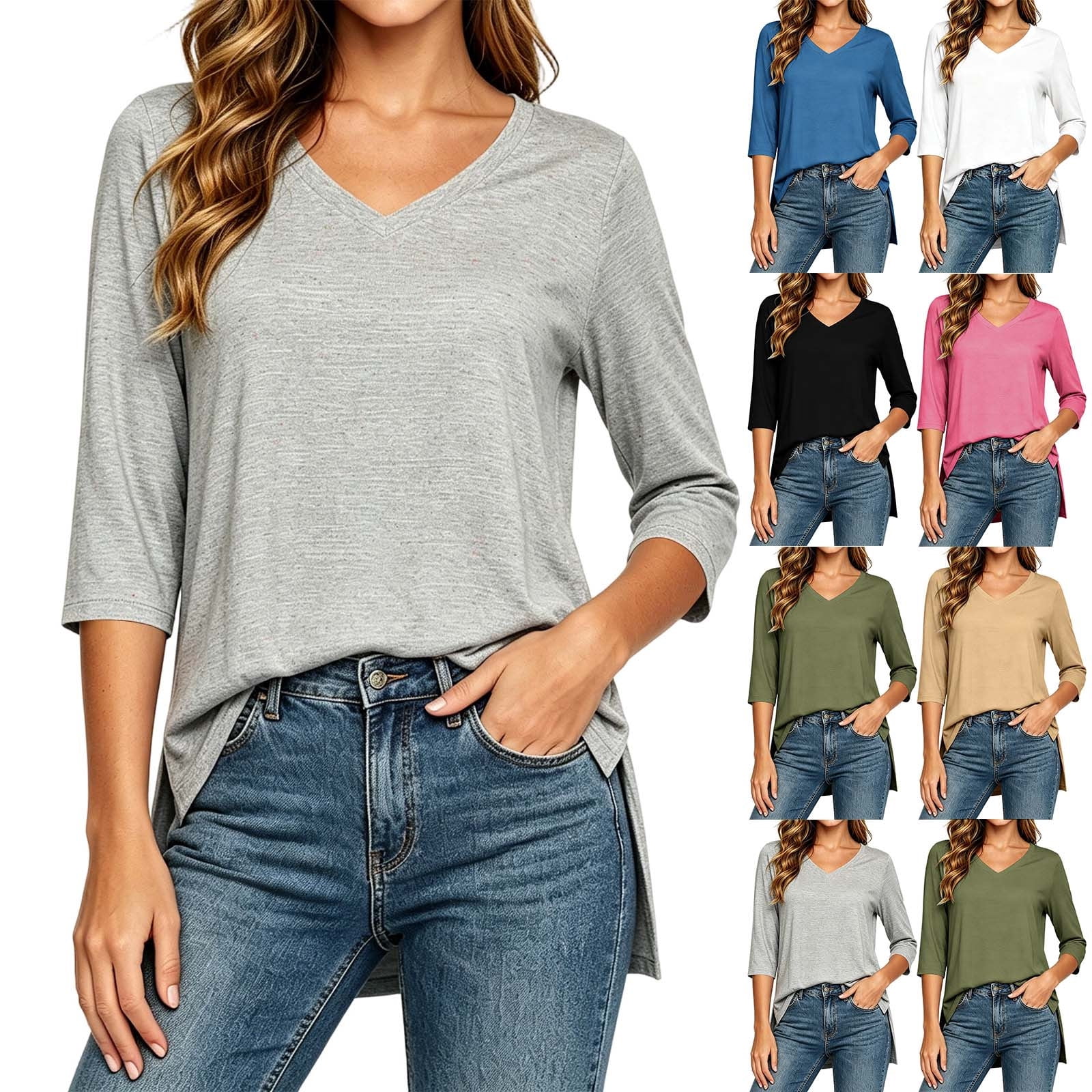 Feancey Womens 3/4 Sleeve T Shirts Side Split High Low Hem Casual Tops ...