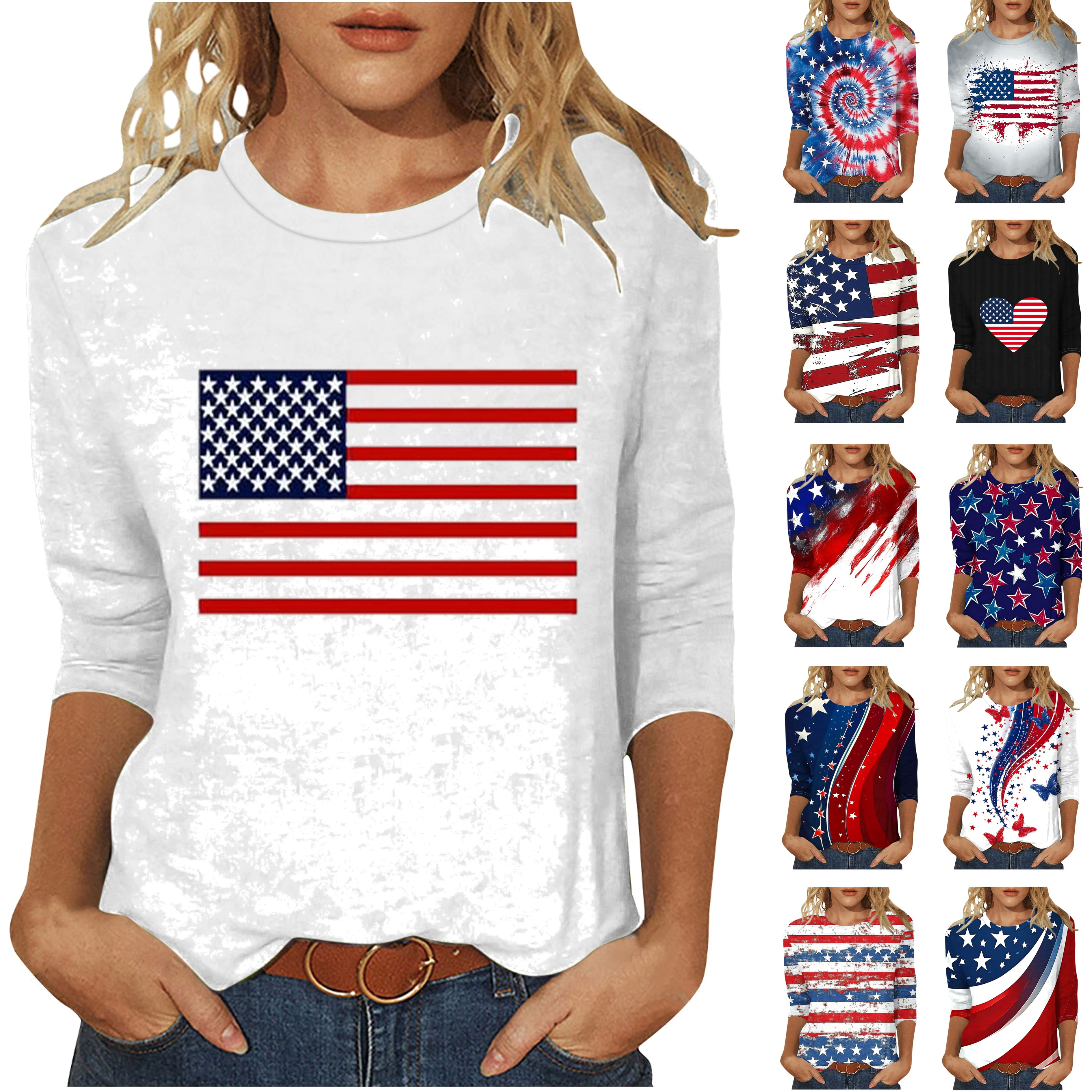 Feancey Womens American Flag T Shirt 3/4 Sleeve 4th of July Tunic Tops ...