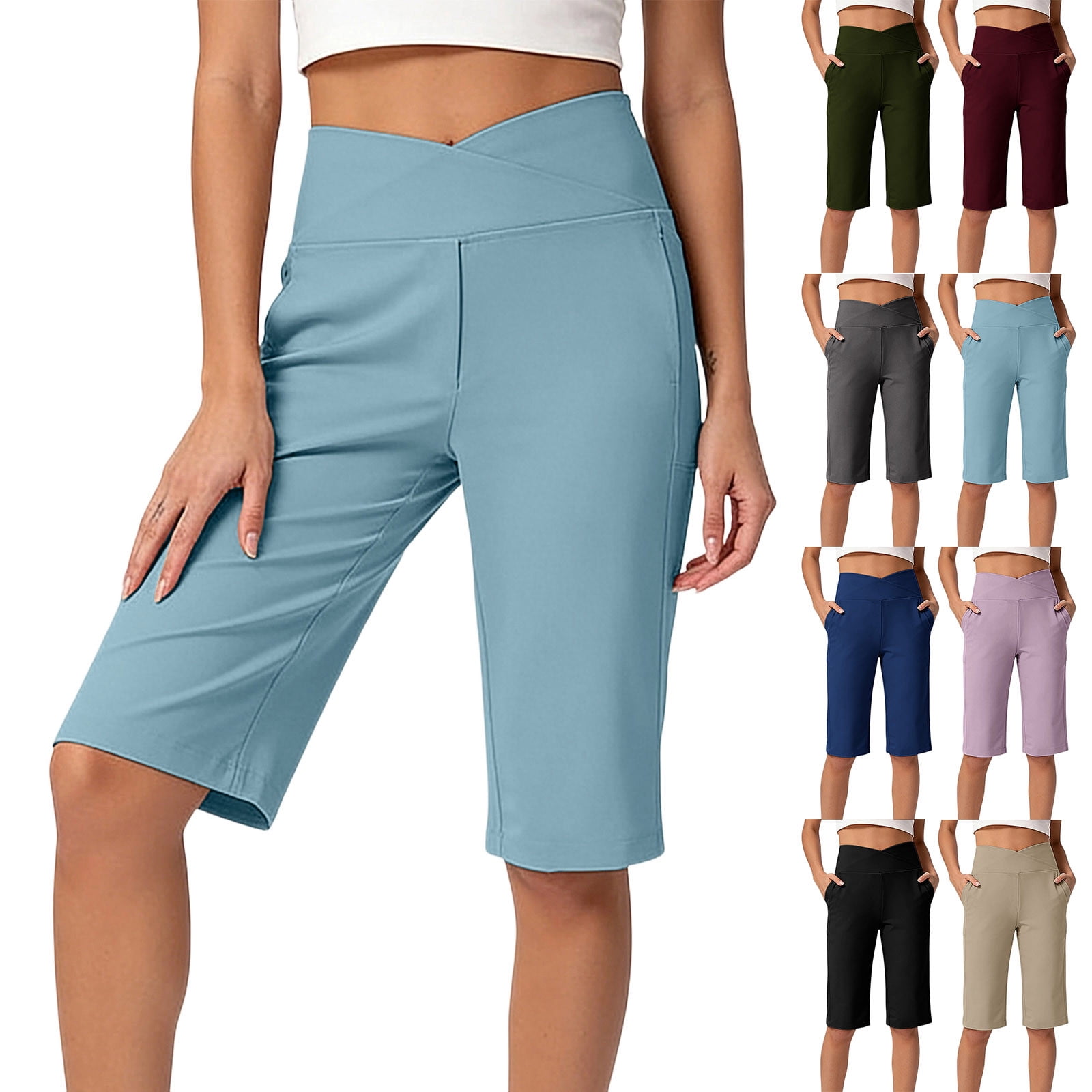 Feancey Womens Bermuda Shorts Crossover High Waisted Workout Shorts ...