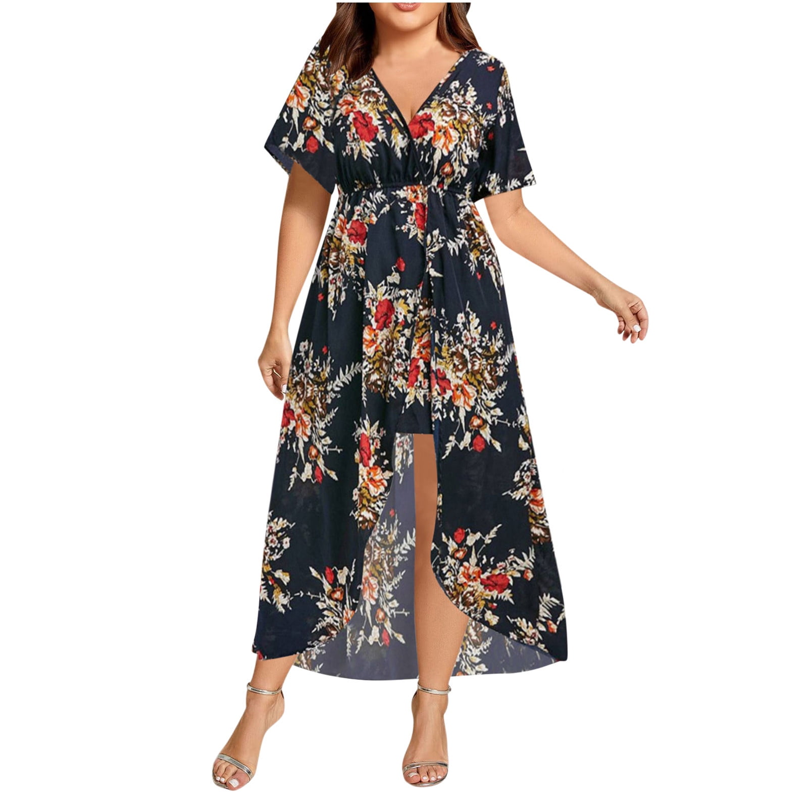 Feancey Womens Boho Plus Size Dresses Summer Wrap V Neck Ruffle Short ...