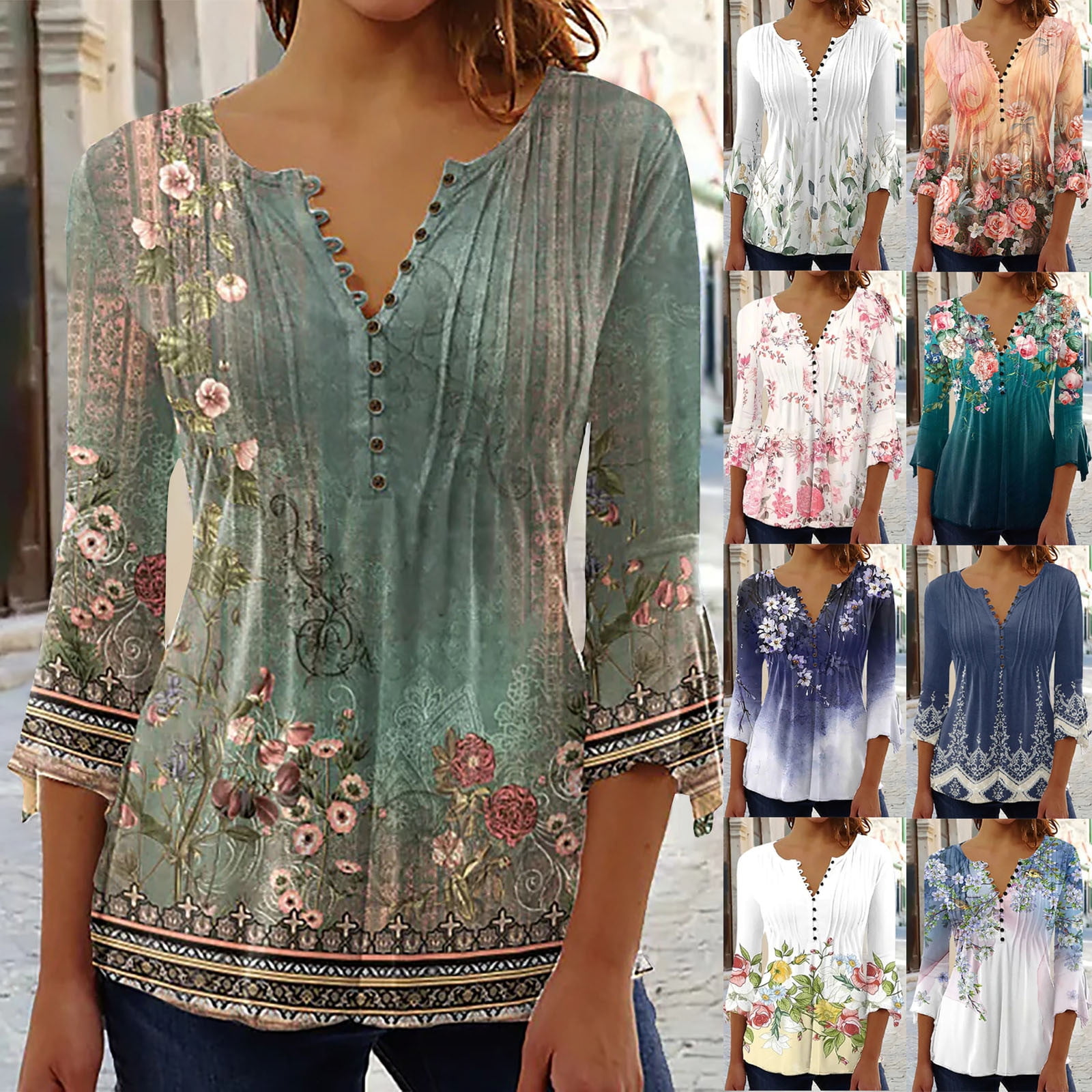 Feancey Womens Boho Tunic Blouse 3/4 Bell Sleeve Henley Buttons Shirts ...