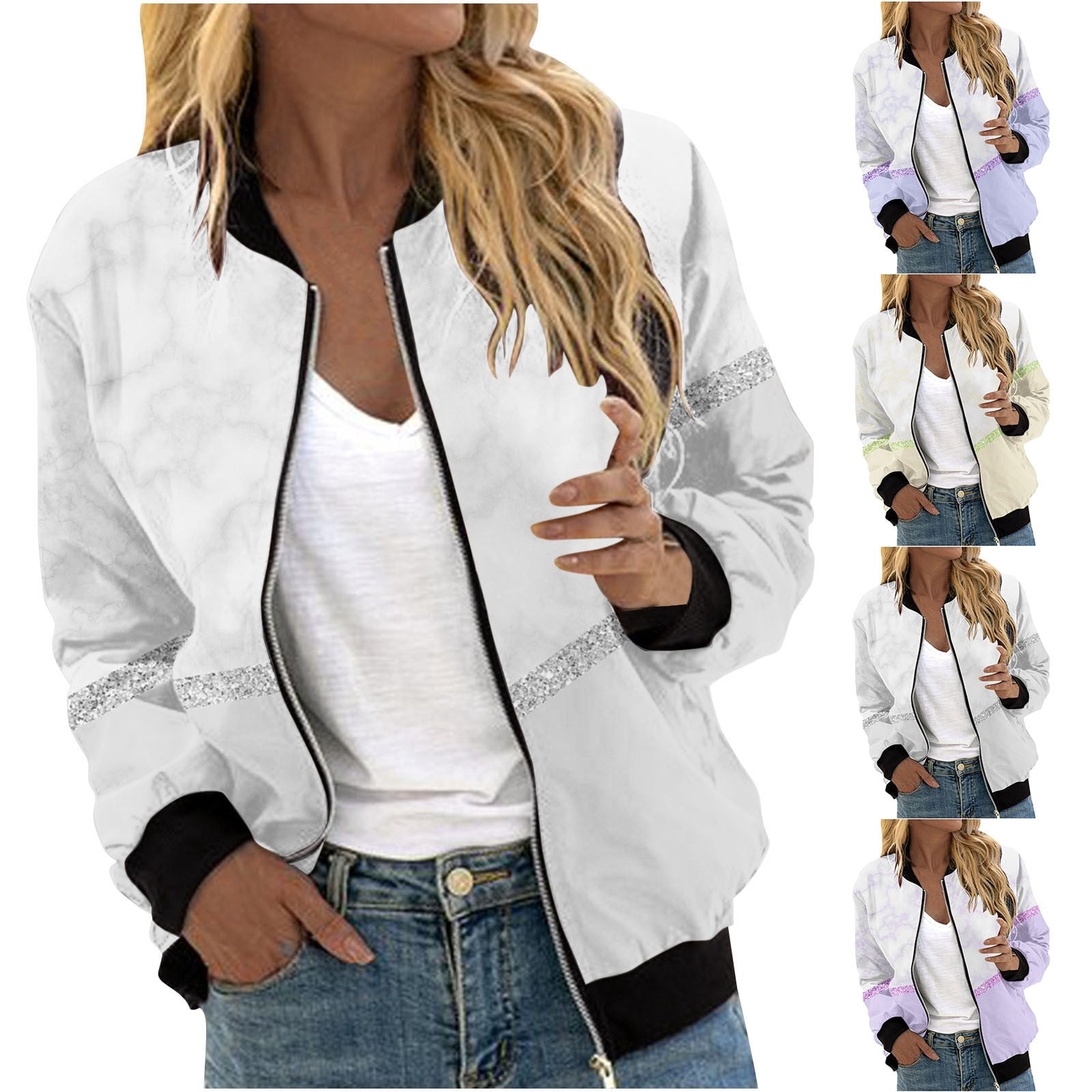 Feancey Womens Bomber Jackets Lightweight Trendy Print Flight Jacket ...