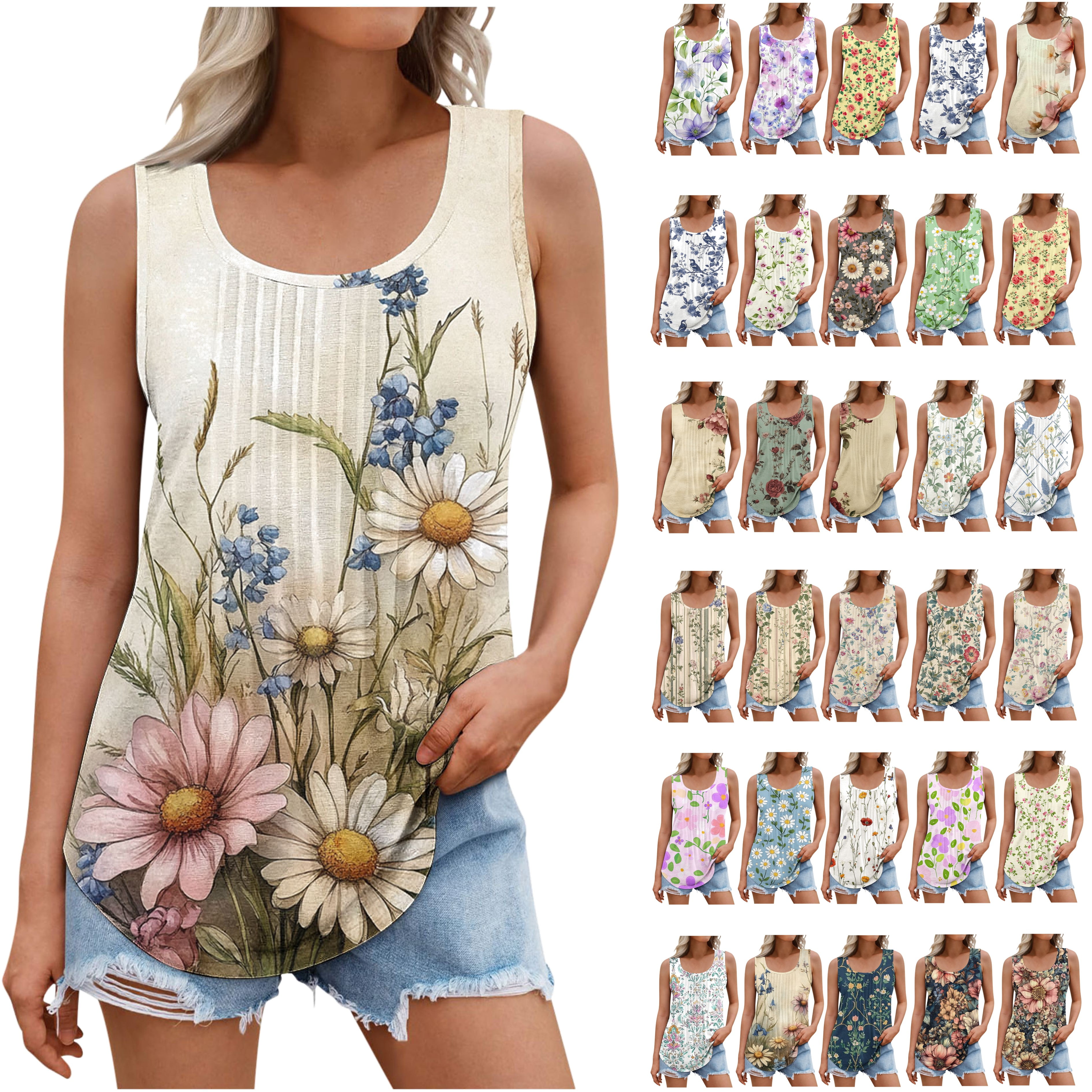 Feancey Womens Business Casual Tank Tops Plus Size Casual Floral Print Sleeveless T-Shirts for ...