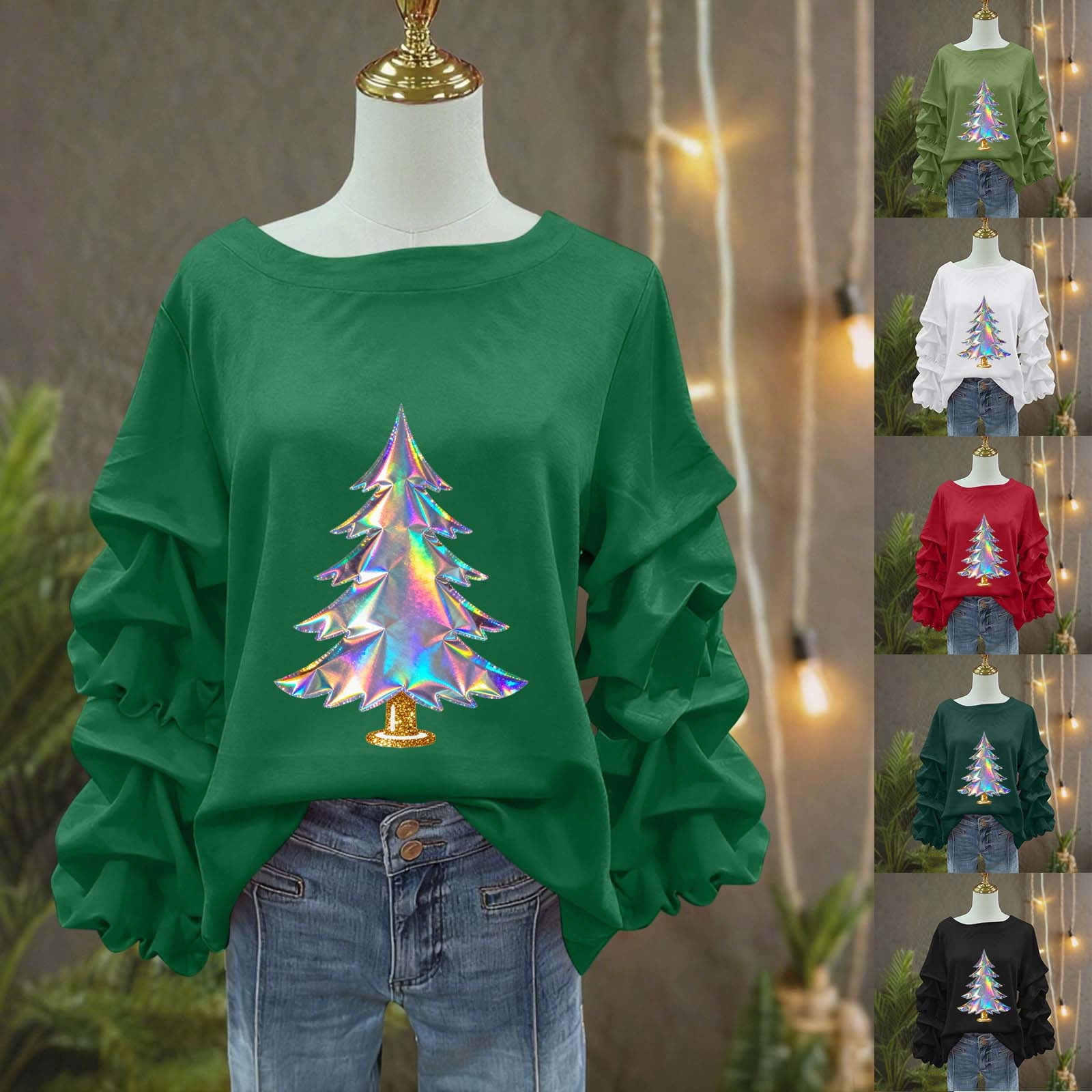 Feancey Womens Christmas Tops Pleated Long Sleeve Crewneck Sweatshirts ...