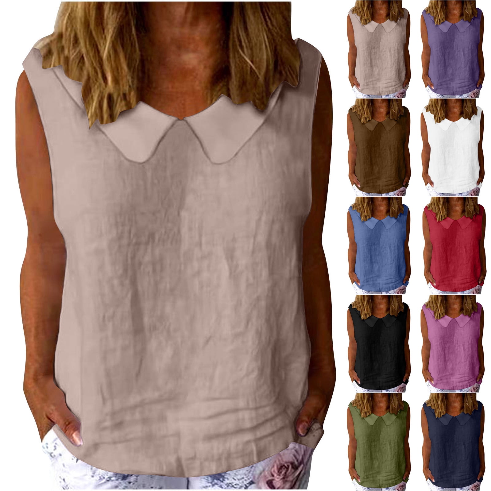Feancey Womens Cotton Linen Tank Tops Babydoll Collar Sleeveless ...