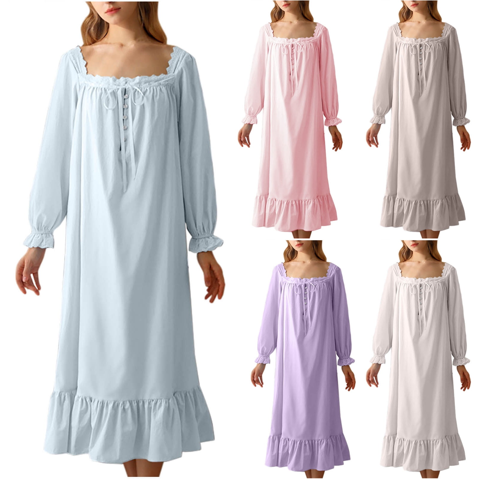 Feancey Womens Cotton Nightgowns Loose Fit Casual Ruffle Nightshirt ...