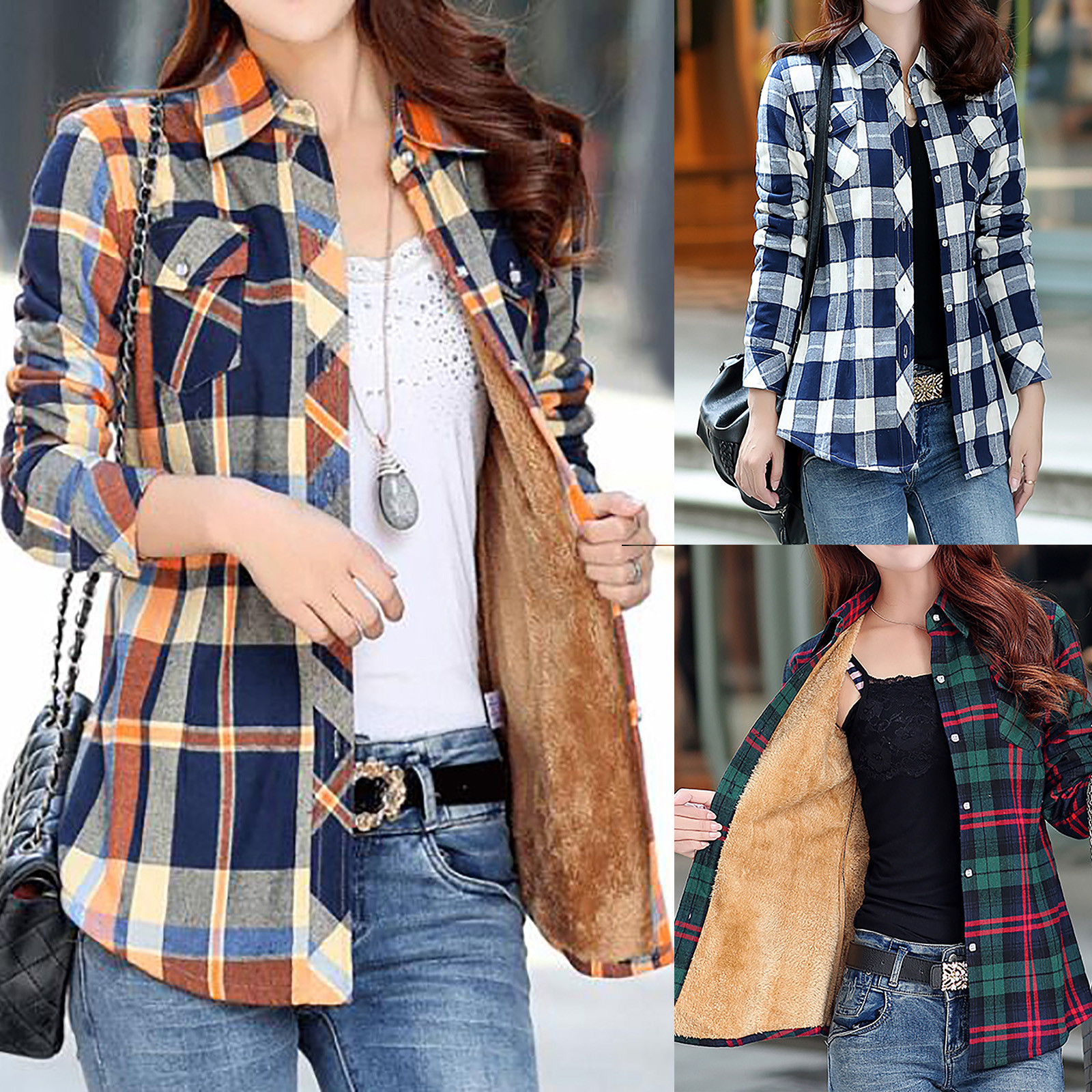 Feancey Womens Fleece Lined Plaid Jacket Winter Thicken Warm Flannel ...