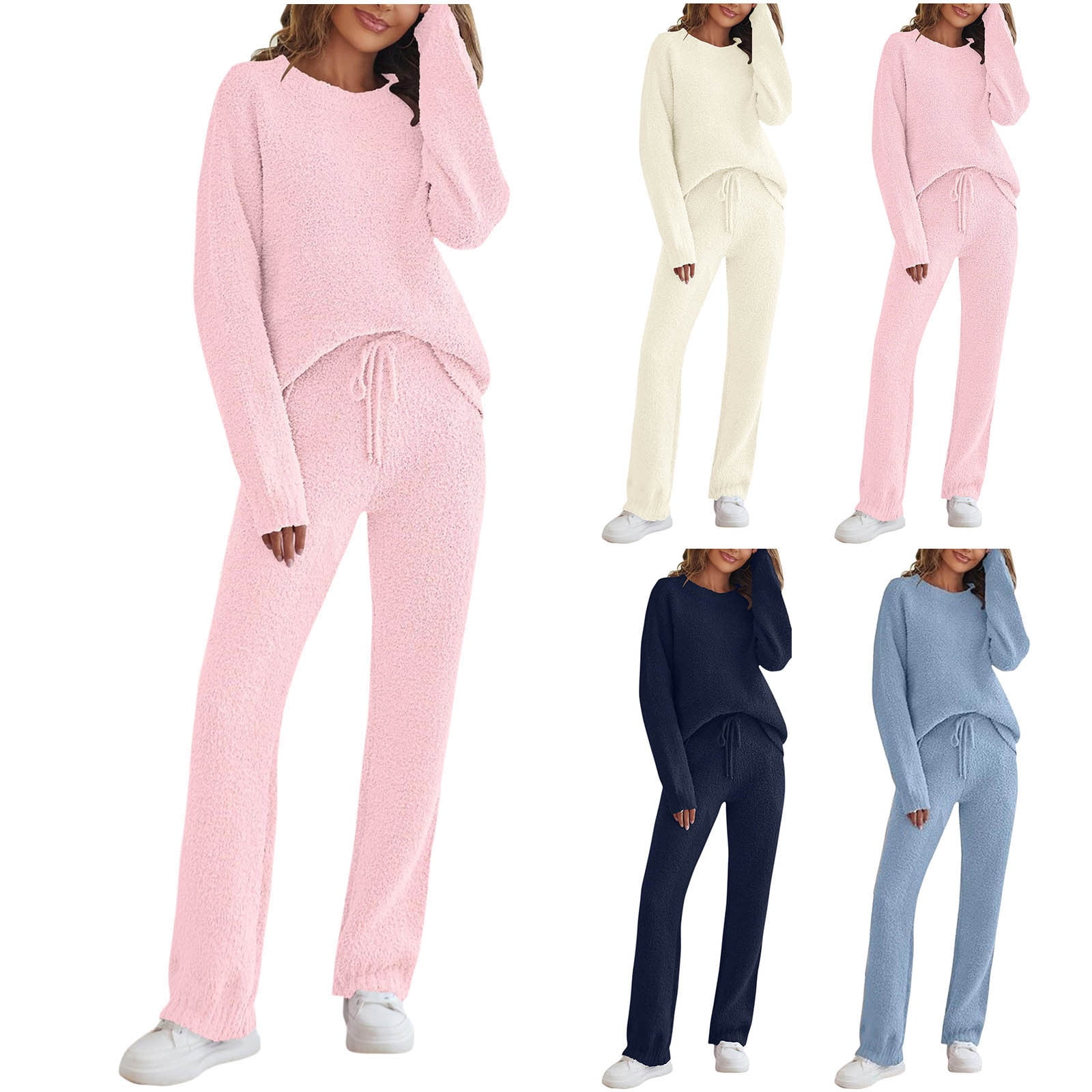 Feancey Womens Fuzzy Fleece Pajama Sets Winter Casual Solid Color Pjs ...