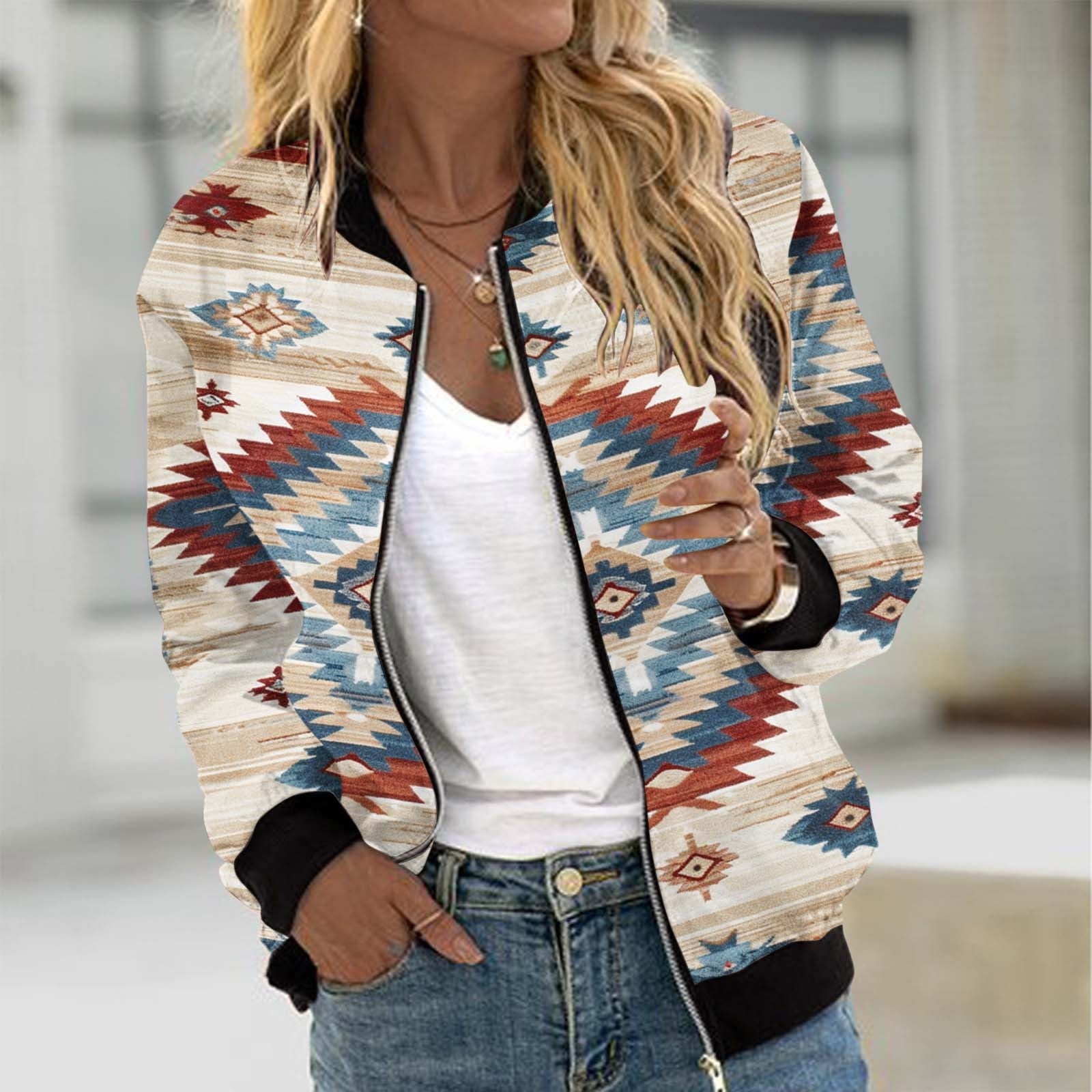 Feancey Womens Light Weight Bomber Jackets Casual Western Aztec Print ...