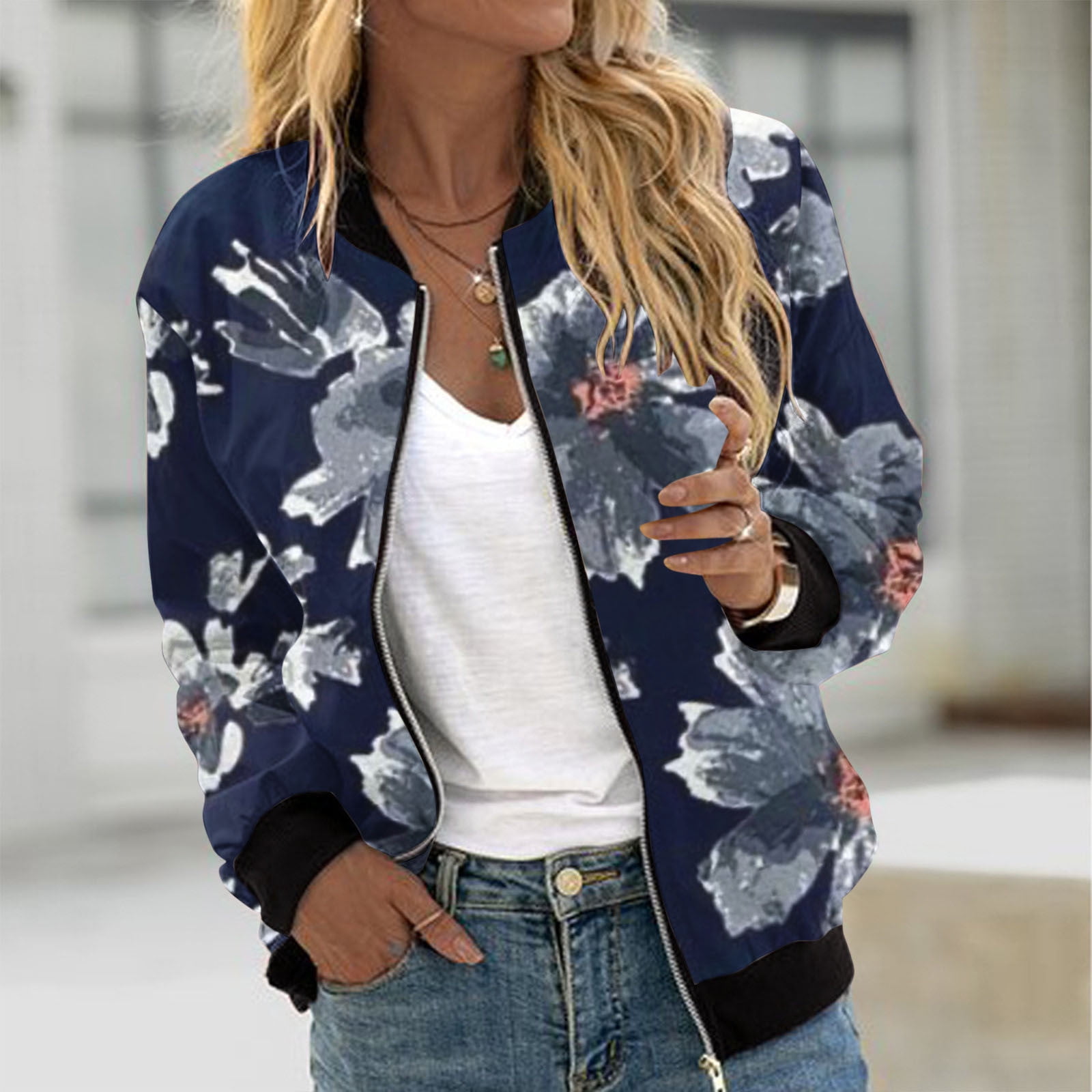 Feancey Womens Lightweight Bomber Jackets Fall Casual Floral Print Zip up Coat Ribbed Trim Long ...
