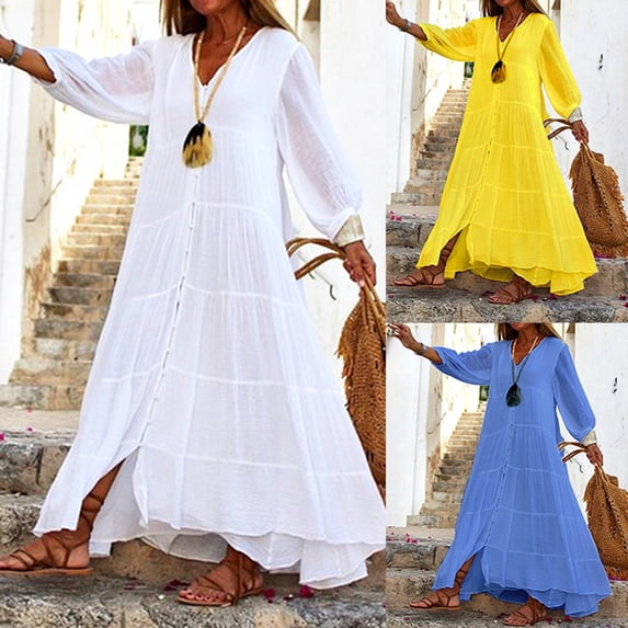 Feancey Womens Linen Dresses for Vacation Long Sleeve V Neck Button ...