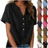 Feancey Womens Linen Henley Shirt Summer Half Button V Neck Loose Fit ...