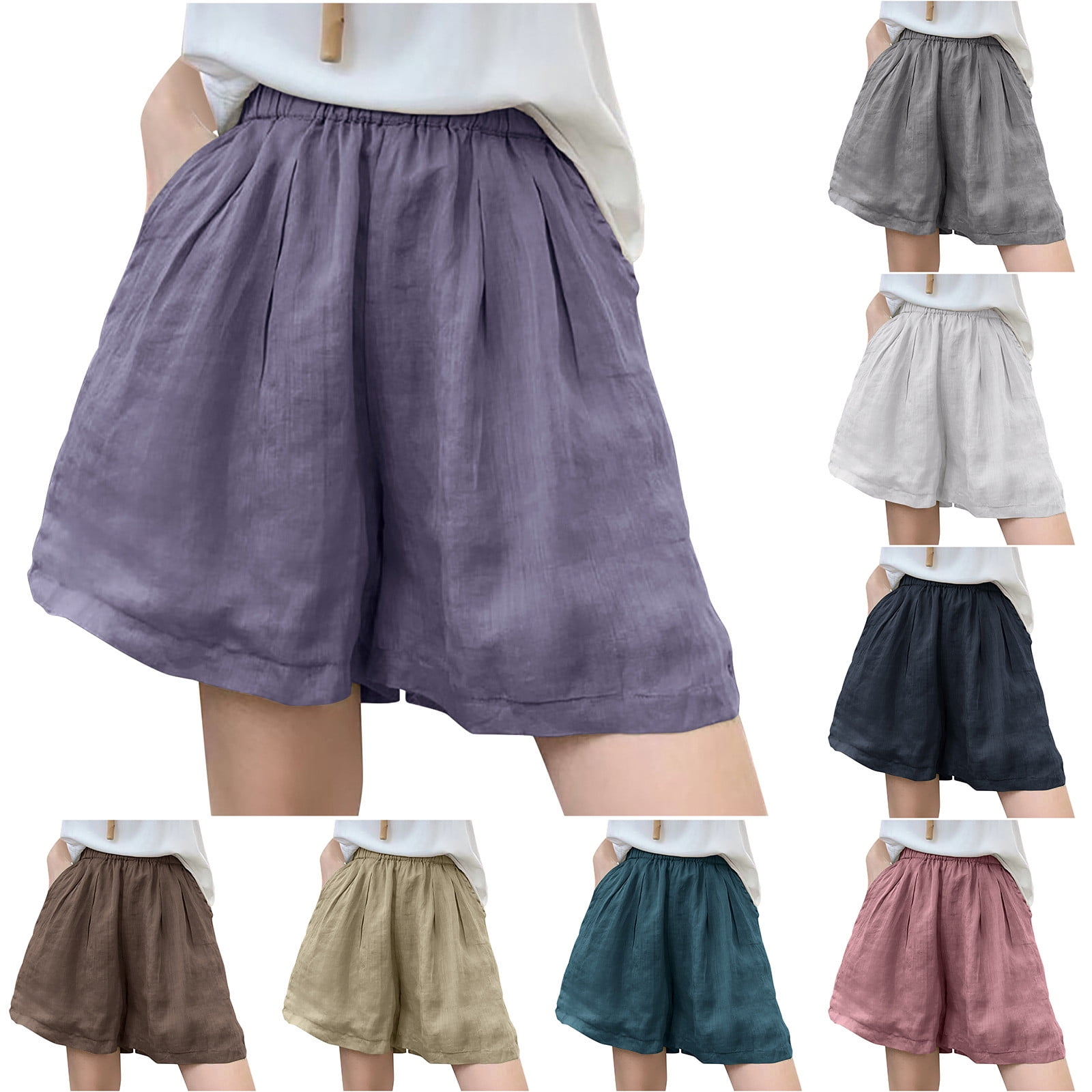 Feancey Womens Linen Shorts with Pockets Pleated Casual Wide Leg Shorts ...