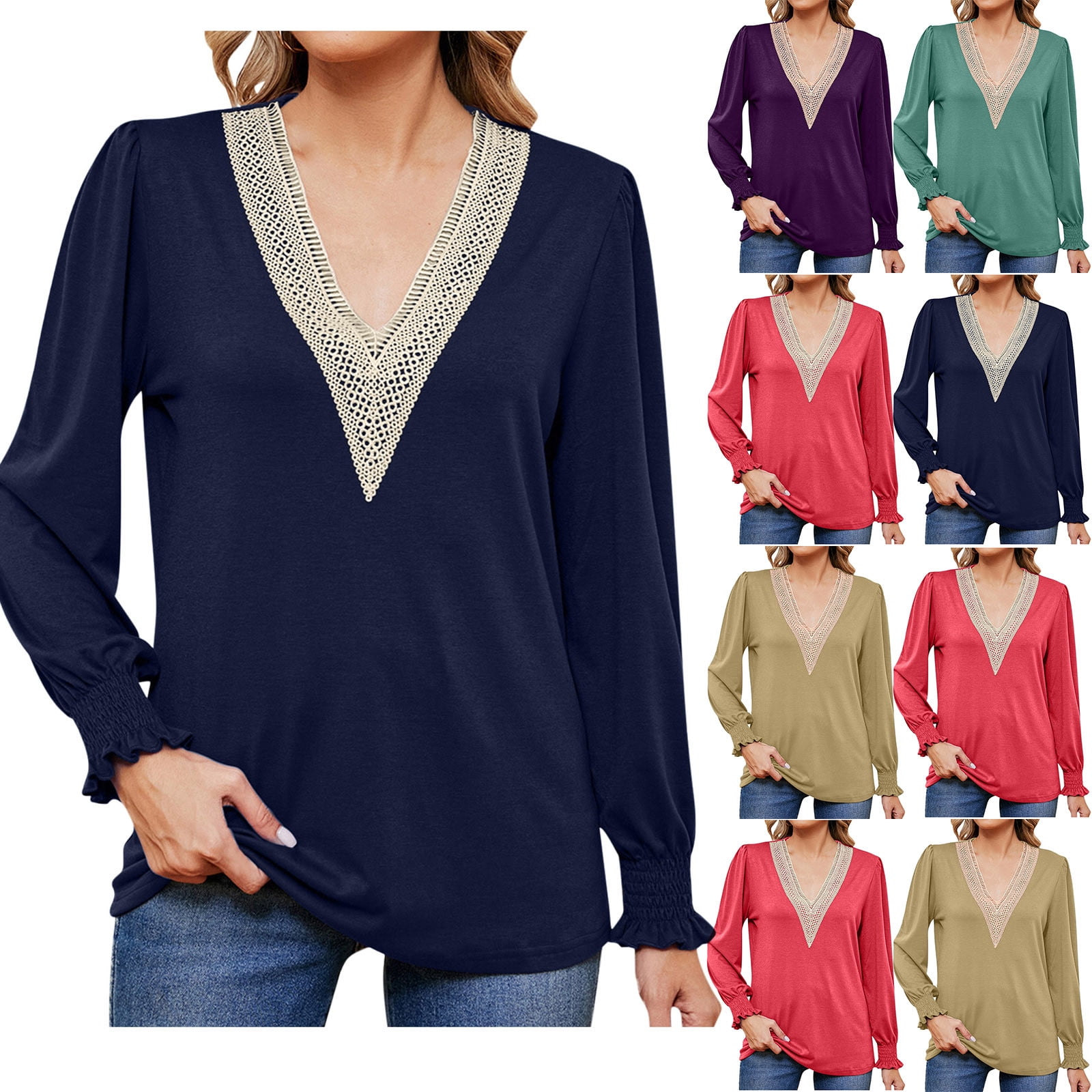 Feancey Womens Long Sleeve Tops Lace Trim V Neck Dressy Blouse Pleated ...