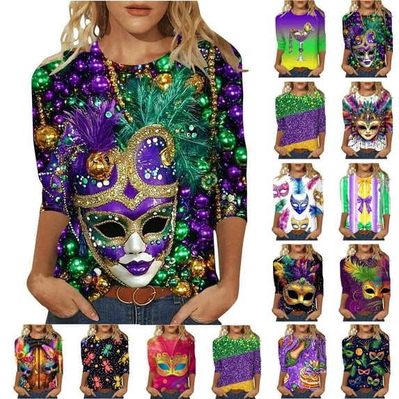 Feancey Womens Mardi Gras 3/4 Sleeve T-Shirts Carnival Fancy Mask ...