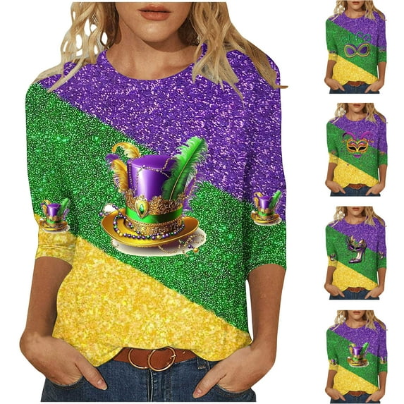 Feancey Womens Mardi Gras Shirts 3/4 Sleeve Round Neck Tunic Tops ...