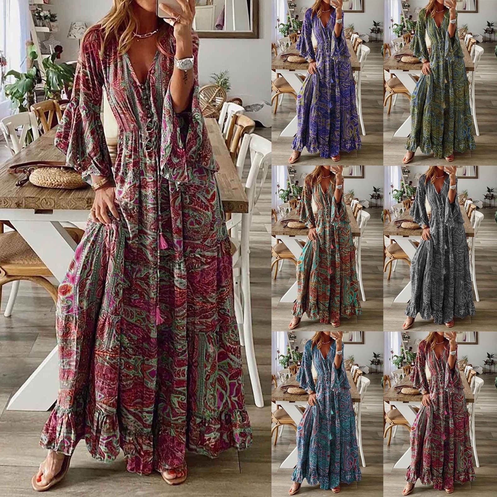 Feancey Womens Plus Size Boho Maxi Dresses Deep V Neck 3/4 Sleeve Swing ...