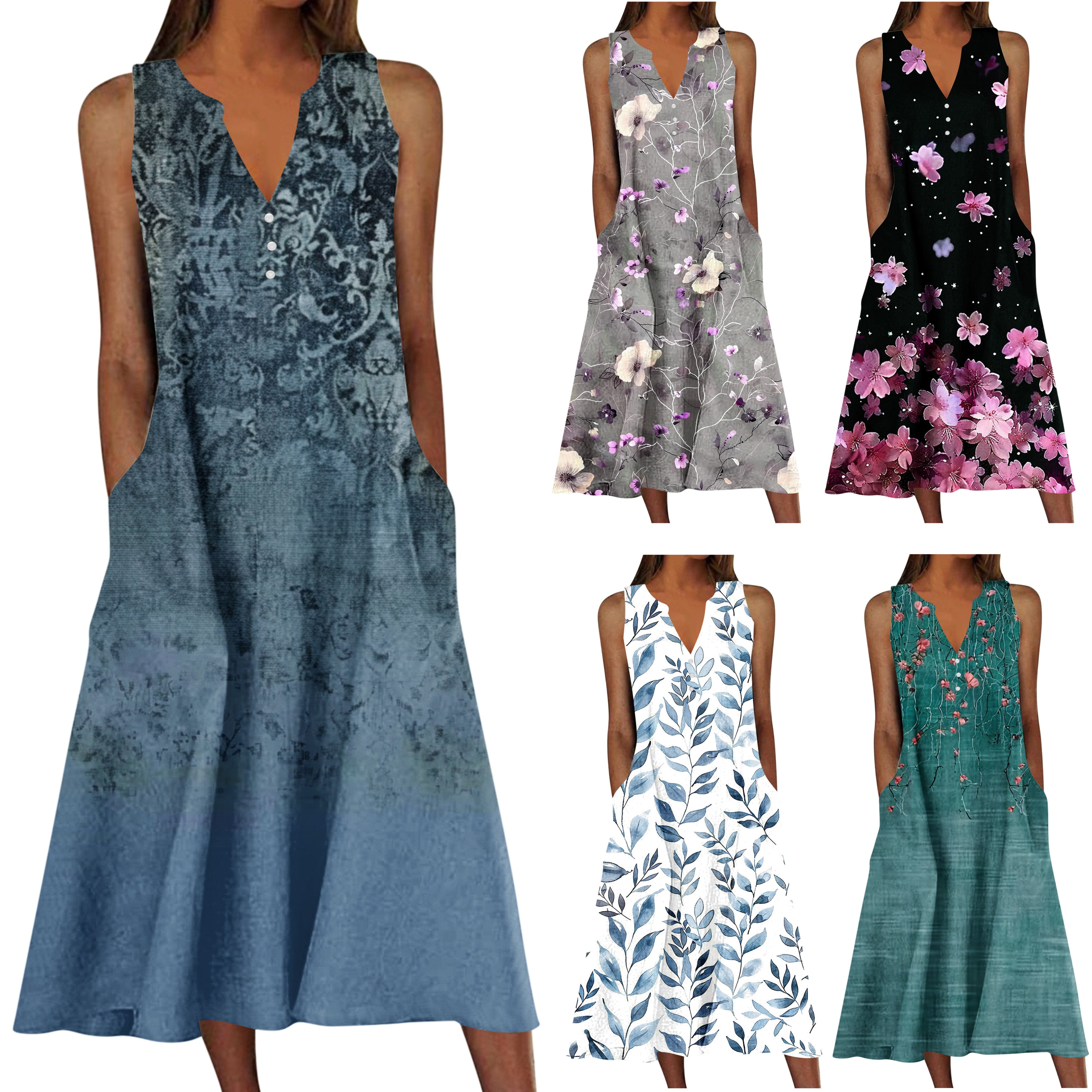 Feancey Womens Plus Size Boho Maxi Dresses Summer Sleeveless Notch V ...