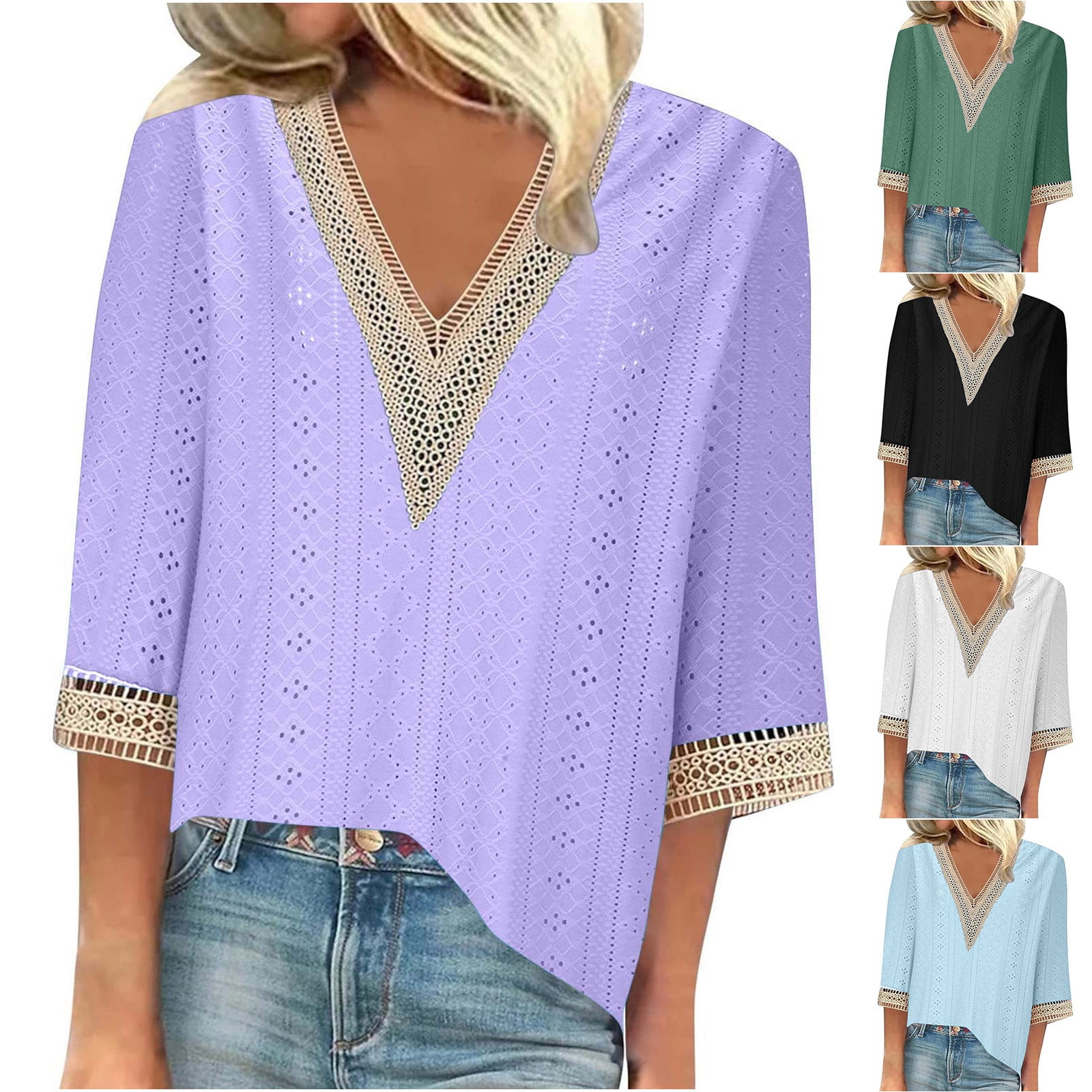 Feancey Womens Plus Size Tops 3/4 Sleeve Lace V Neck Blouses 2025 ...