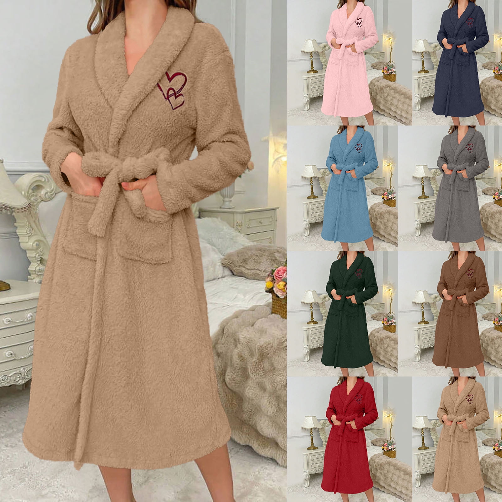 Feancey Womens Plush Robe Long Sleeve Shawl Collar Warm Flannel ...