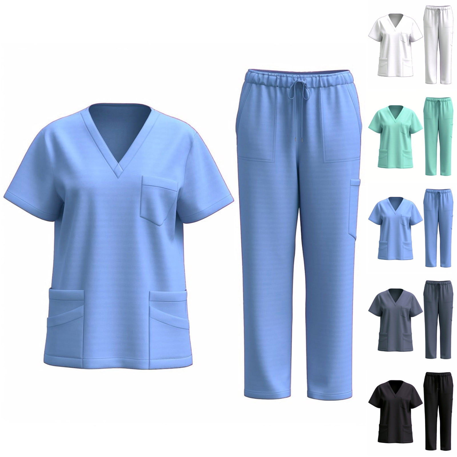 Feancey Womens Scrubs Sets Stretch V Neck Scrub Top & Drawstring Pant 2 ...