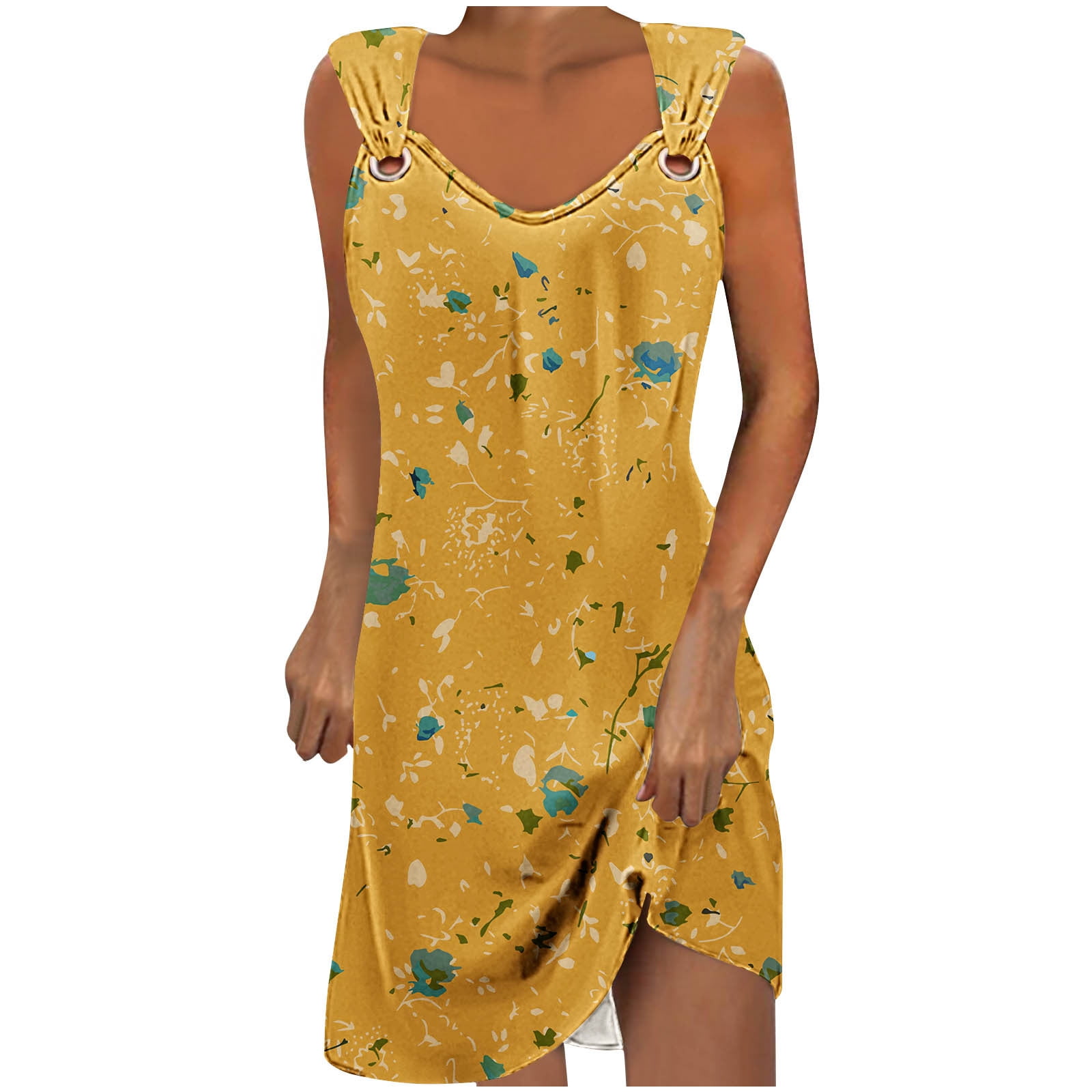 Feancey Womens Short Beach Dresses Boho Floral Print Sleeveless Loose Fit Mini Dress Summer