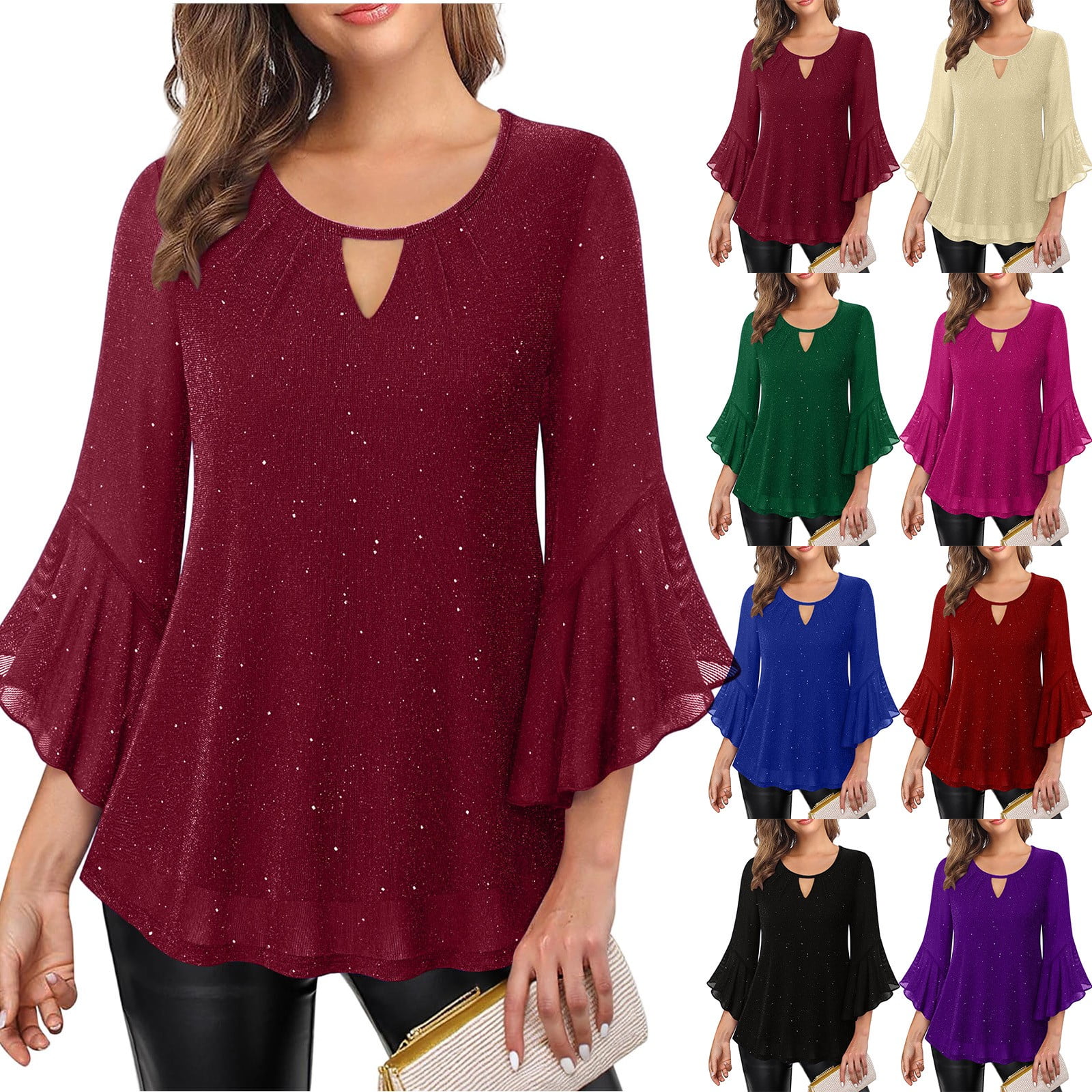 Feancey Womens Sparkly Tops Dressy Ruffle 3/4 Sleeve Keyhole Neck ...